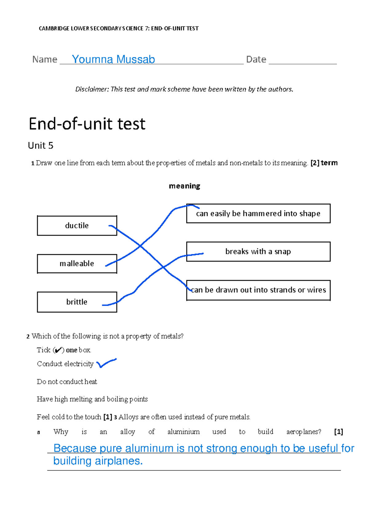 S7 End-of-Unit Test 5 - Cambridge Lower Secondary Science 7 - Studocu