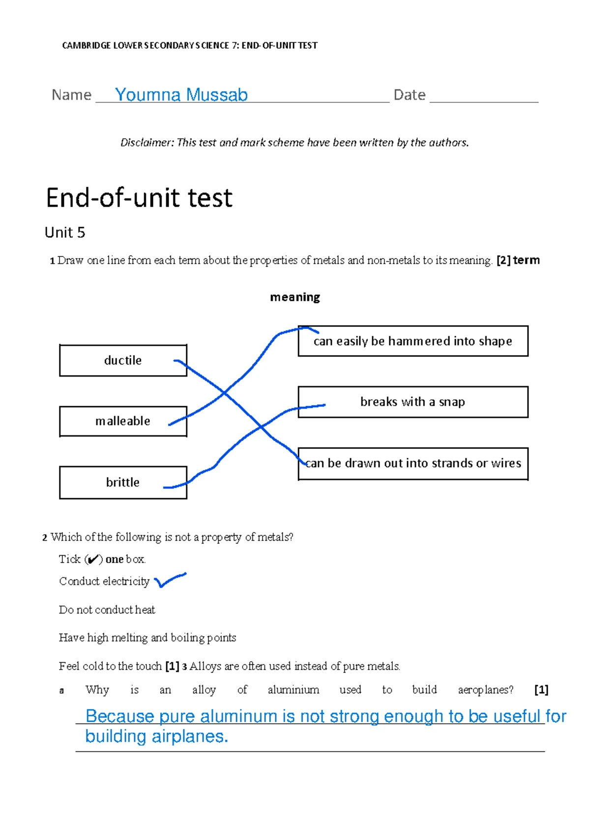S7 End-of-Unit Test 9 - Cambridge Lower Secondary Science Study Guide ...