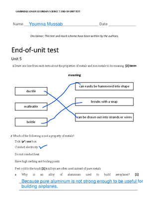 S7 End-of-unit Test 9 - helpful - CAMBRIDGE LOWER SECONDARY SCIENCE 7 ...
