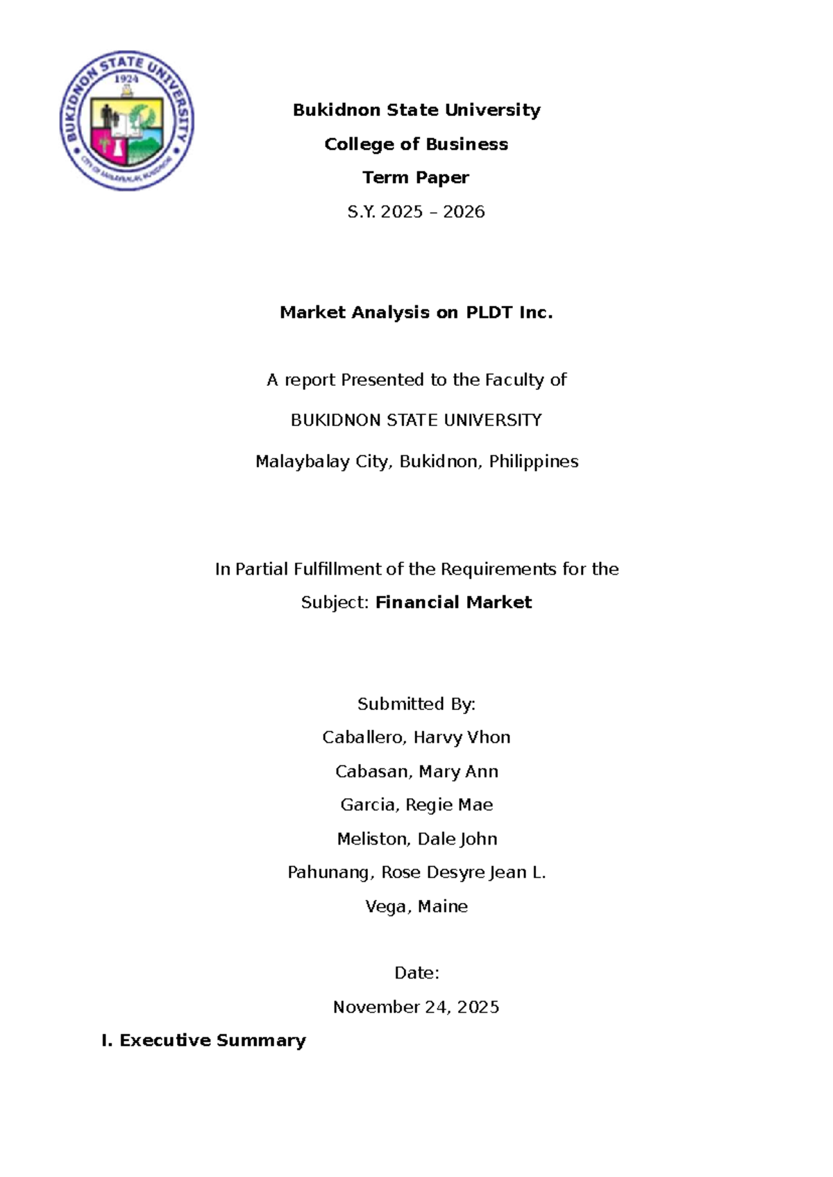BUKIDNON STATE UNIVERSITY FINMKT 2025-2026: PLDT Inc. Market Analysis ...