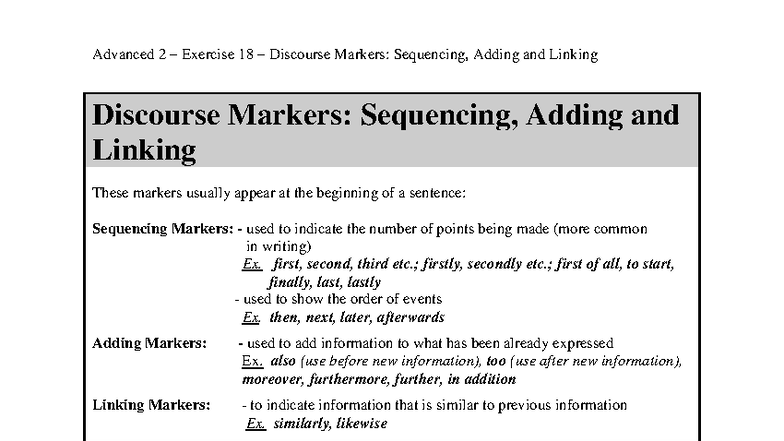 Advanced 2 Exercise 18: Discourse Markers - Sequencing, Adding, Linking - Studocu