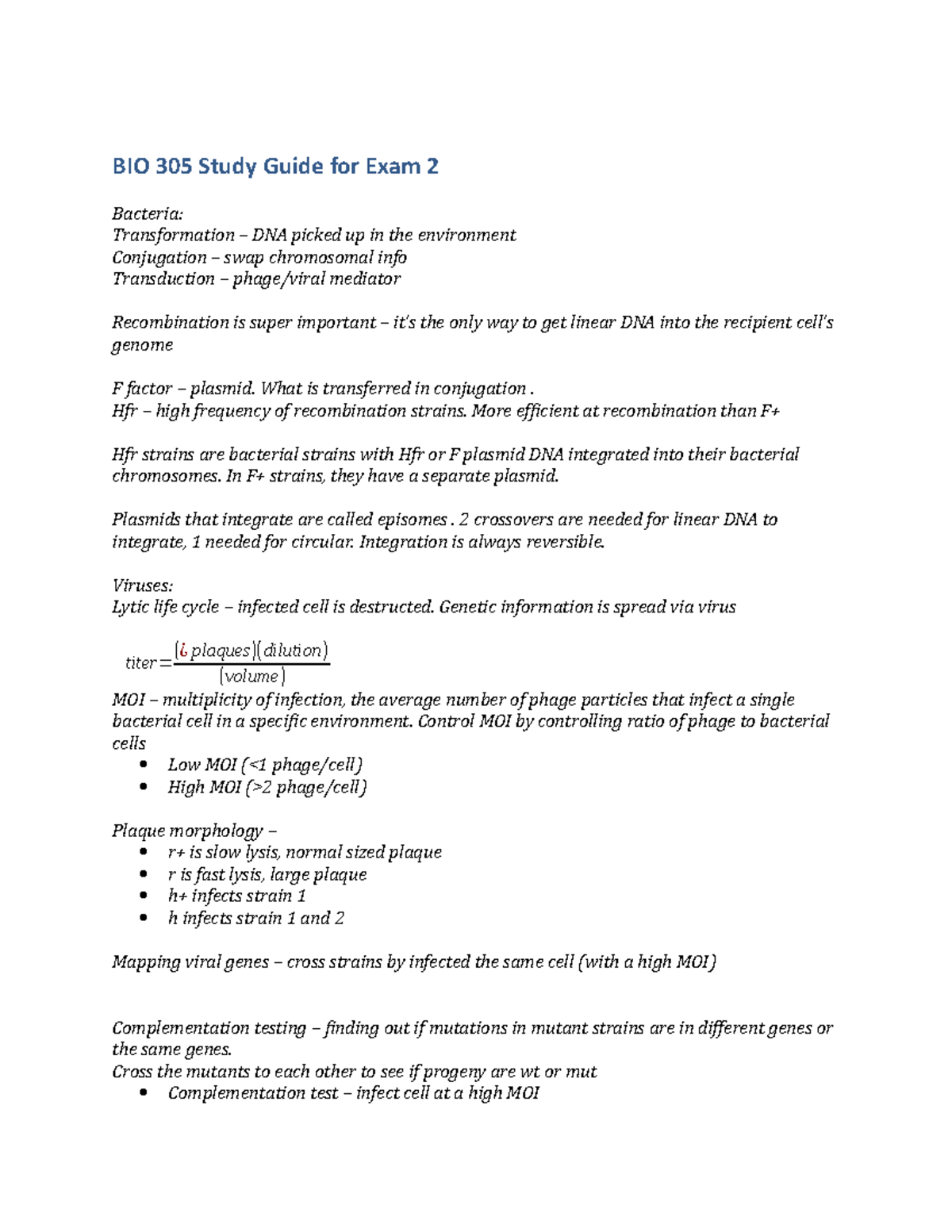 BIO 305 Study Guide for Exam 2 - BIO 305 Study Guide for Exam 2 ...