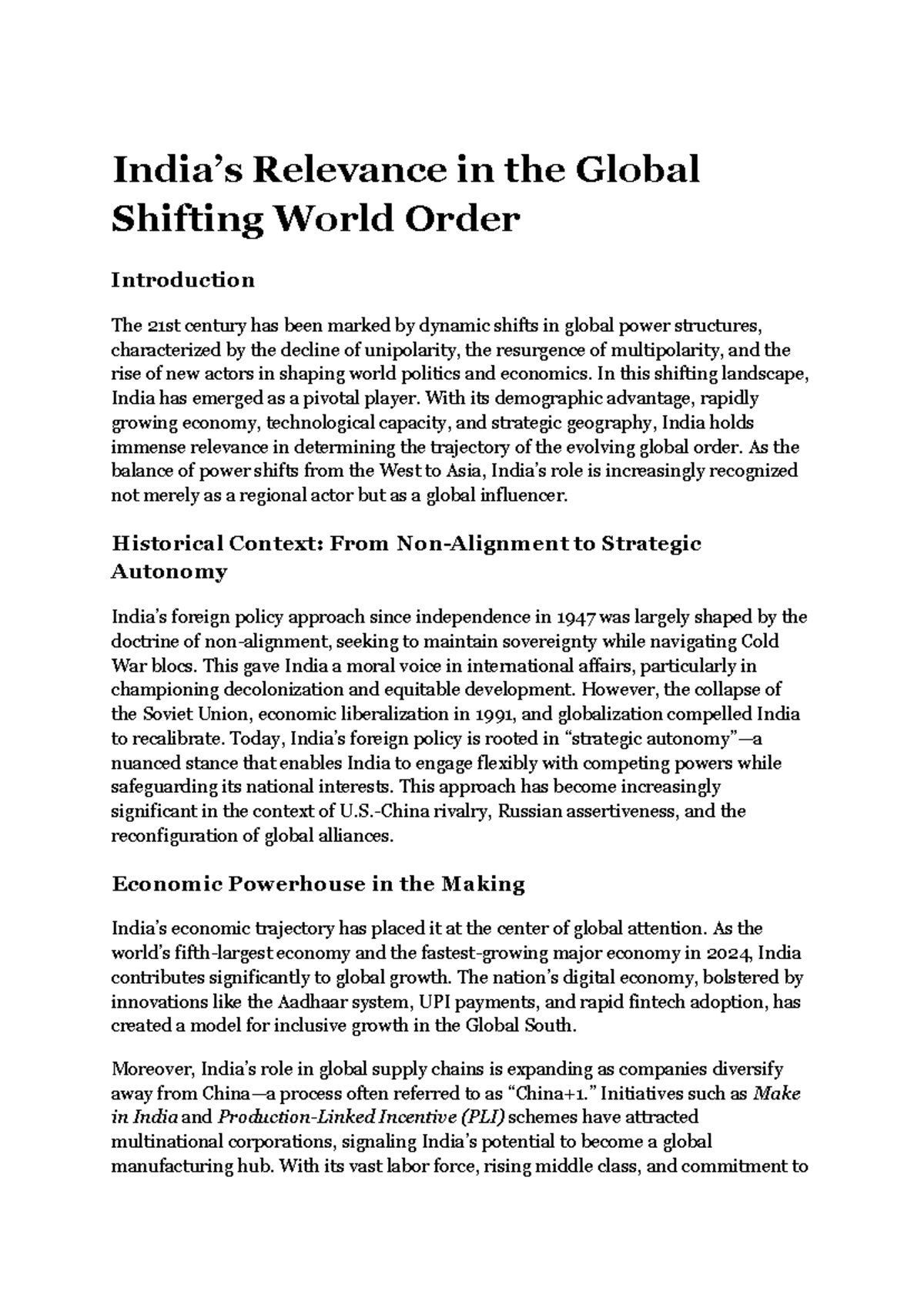 India's Relevance in the 21st Century Global Order: A Comprehensive ...