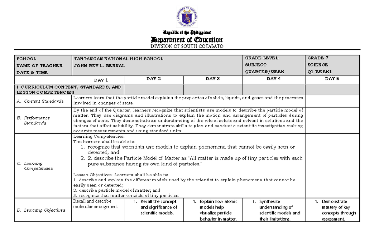 Grade 7 Science Q1 Week 1 Lesson Plan: Particle Model of Matter - Studocu