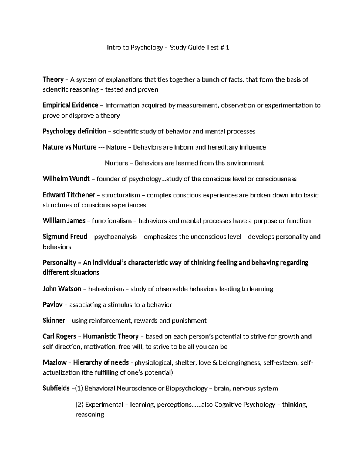 Intro to Psychology - Study Guide for Test #1 (PSY101) - Studocu