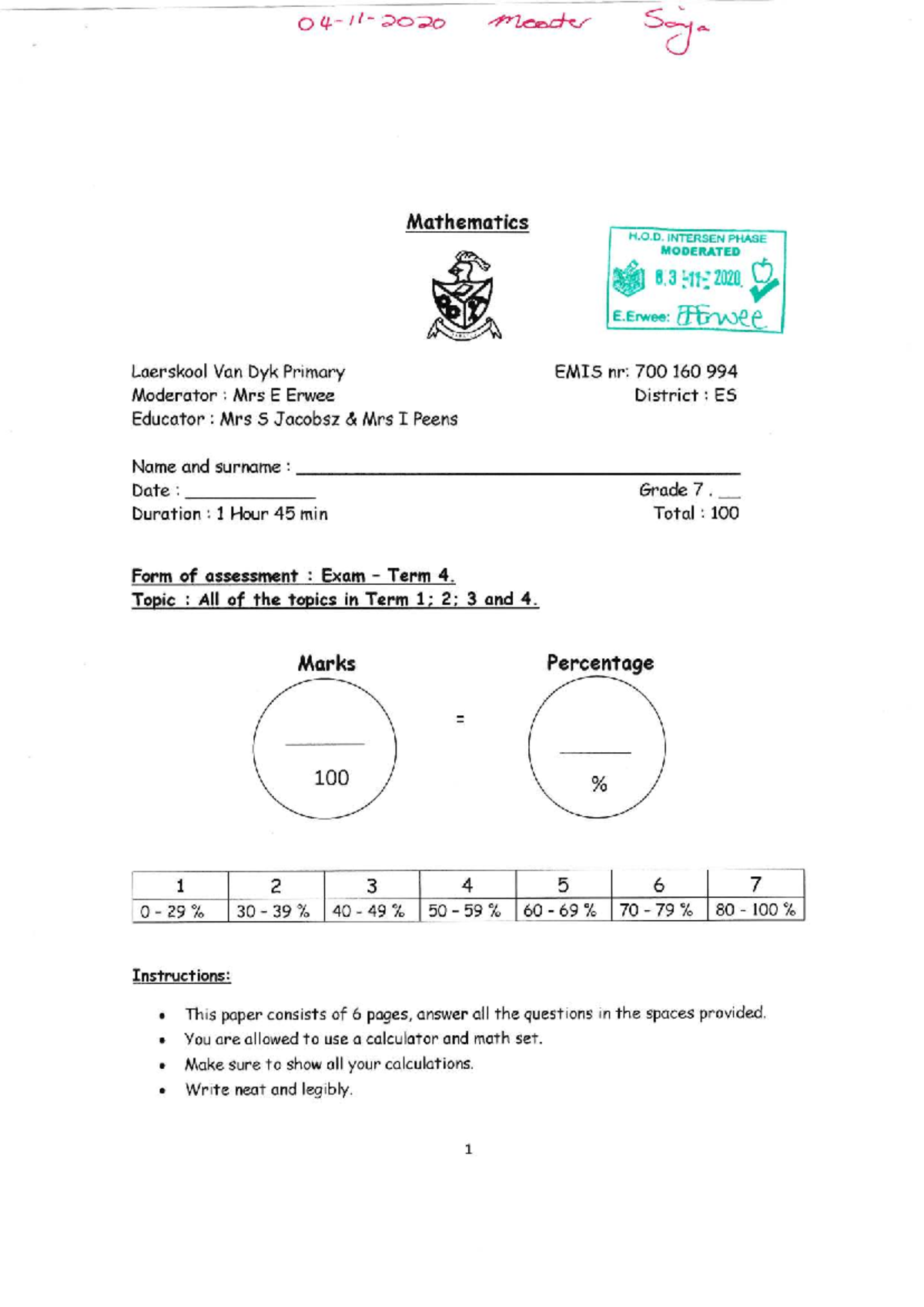 2020 GR7 Maths November Exam Paper: Comprehensive Review - Studocu