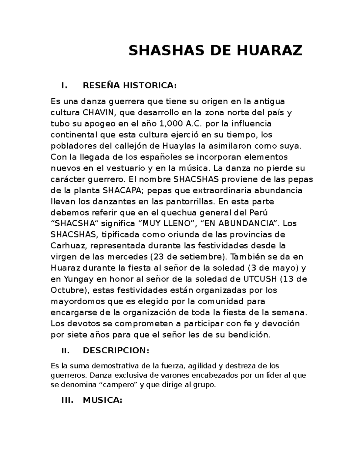Shacshas de Huaraz: Descripción y Características de la Danza - Studocu