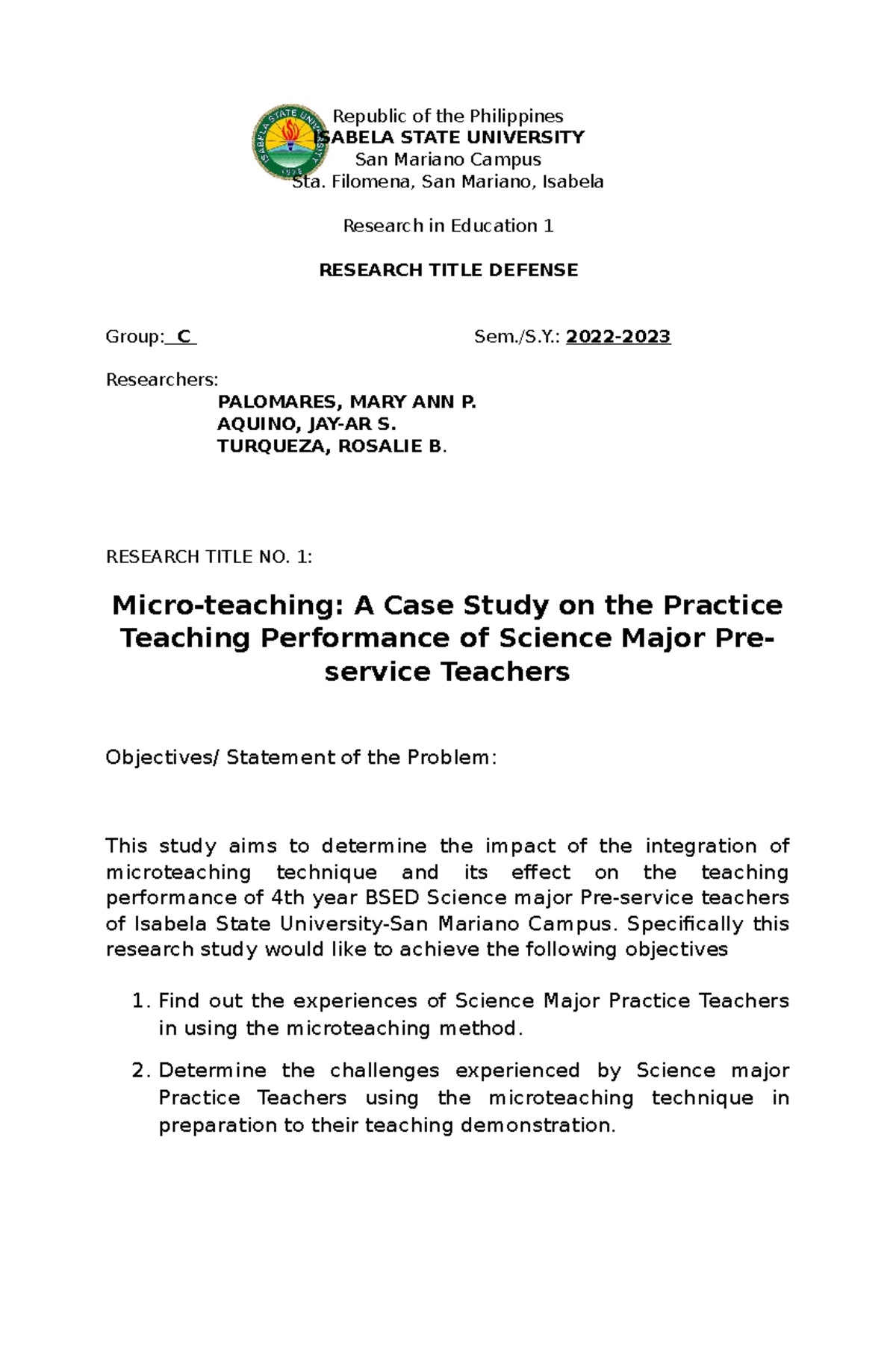 Research Title Defense Group C - Case Studies in Education Research ...
