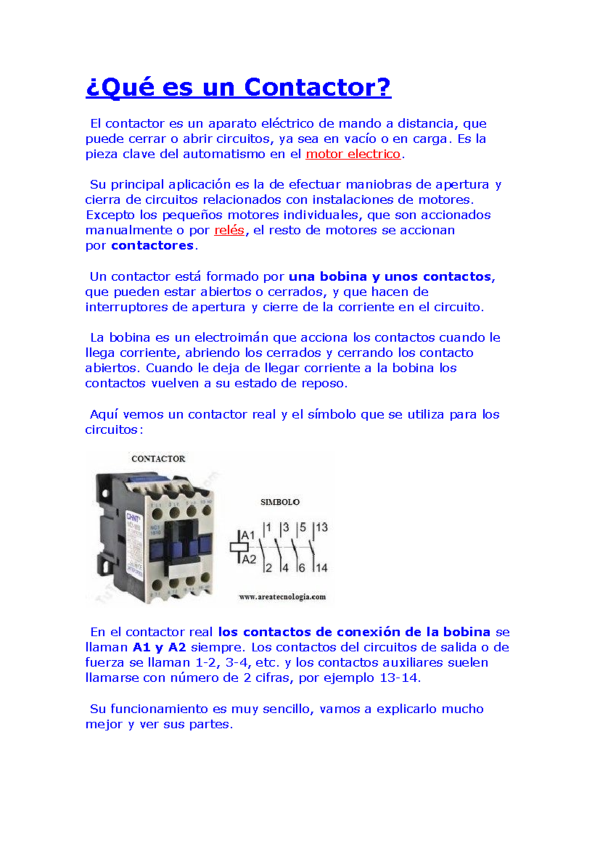 Qué es un Contactor: Funcionamiento y Aplicaciones en Motores - Studocu