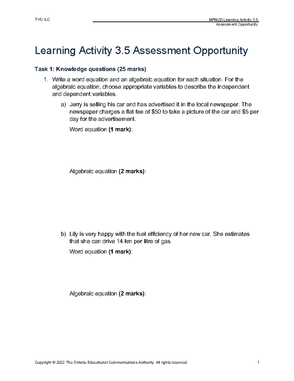 MPM2D Learning Activity 3.5 Assessment Opportunity: Knowledge ...