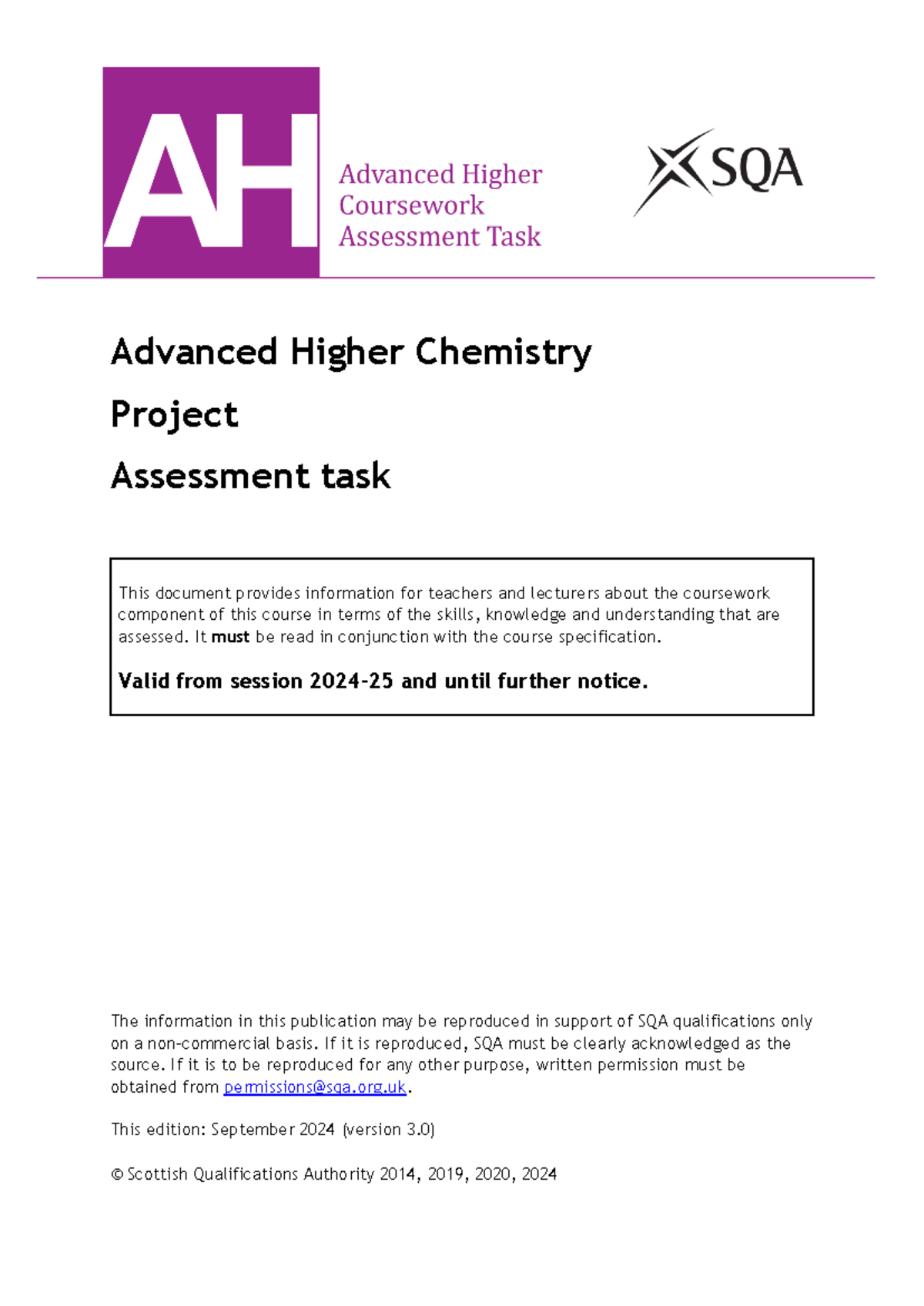 Advanced Higher Chemistry AH-Chem - Project Assessment Guidelines - Studocu