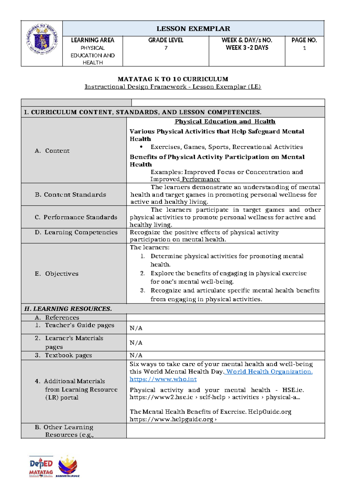 Lesson Exemplar: Physical Education & Health Gr. 7 Week 3 Activities ...