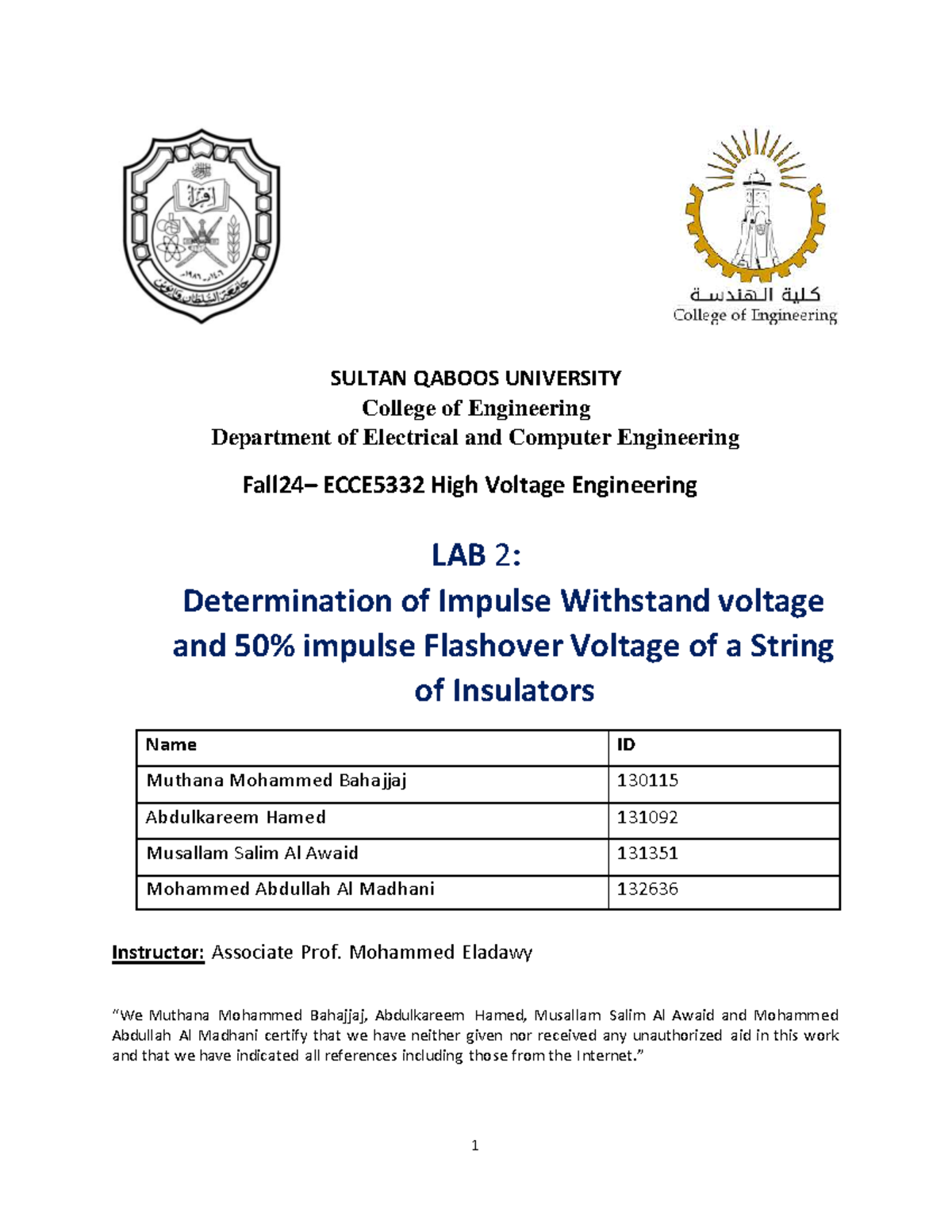 ECCE5332 High Voltage Engineering Lab 2: Impulse & Flashover Voltage ...