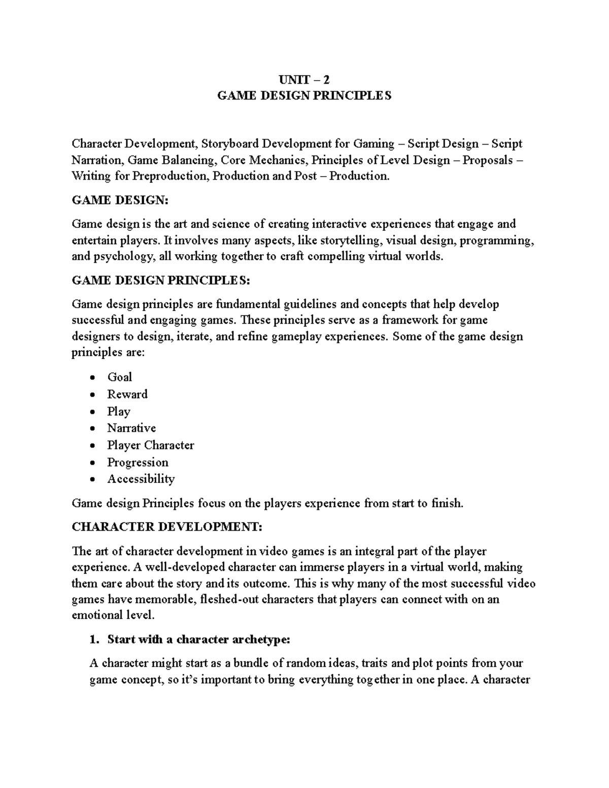 Game design principles - UNIT – 2 GAME DESIGN PRINCIPLES Character Development, Storyboard - Studocu