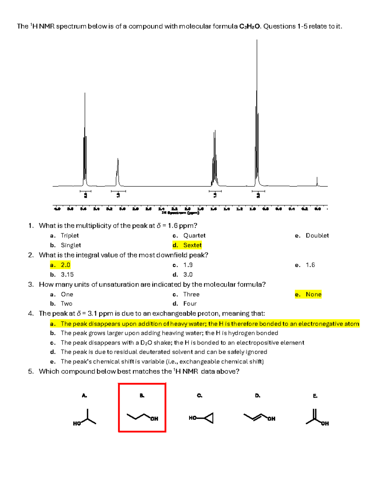 Quiz 3 - KEY: 1H NMR Spectrum Analysis for C3H8O - Studocu
