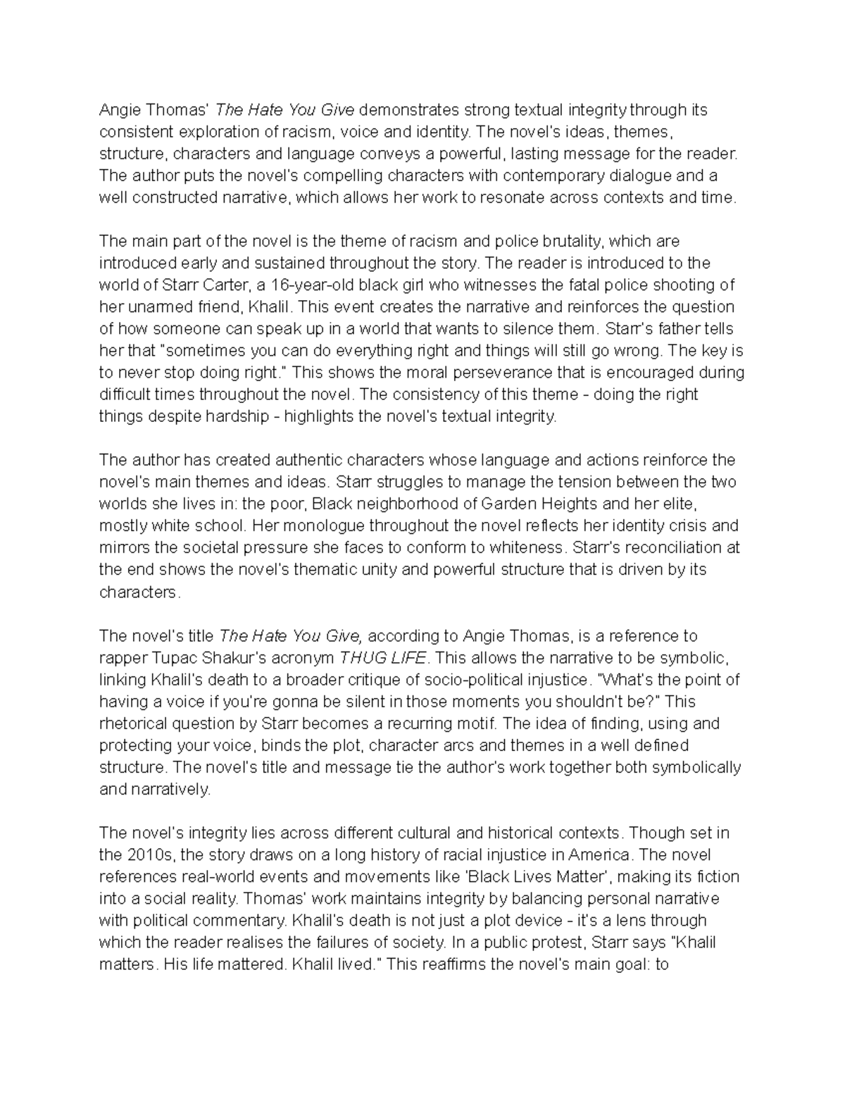 ENG 101: Textual Integrity in "The Hate U Give" by Angie Thomas - Studocu