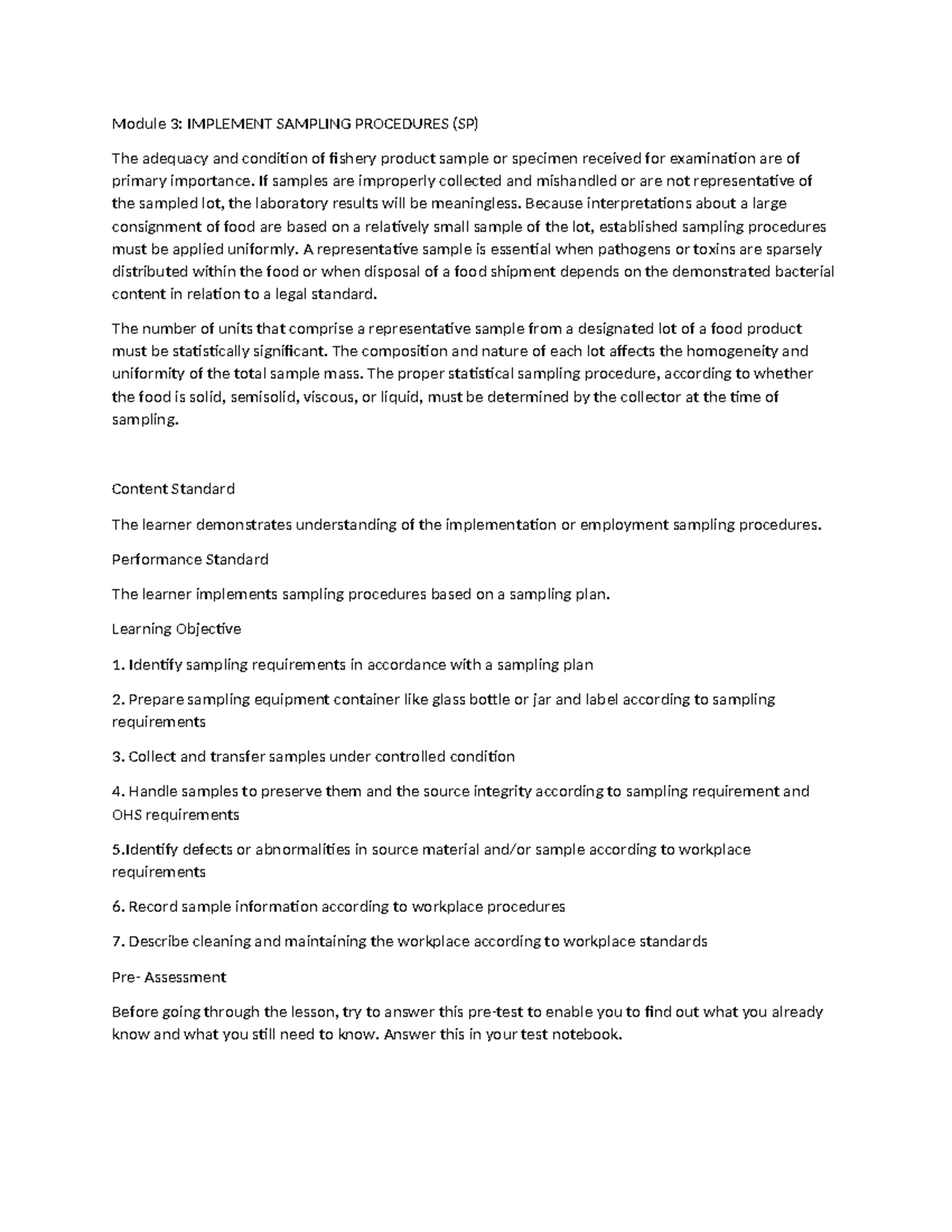 Module 3: Implementing Sampling Procedures (SP) for Fishery Products - Studocu