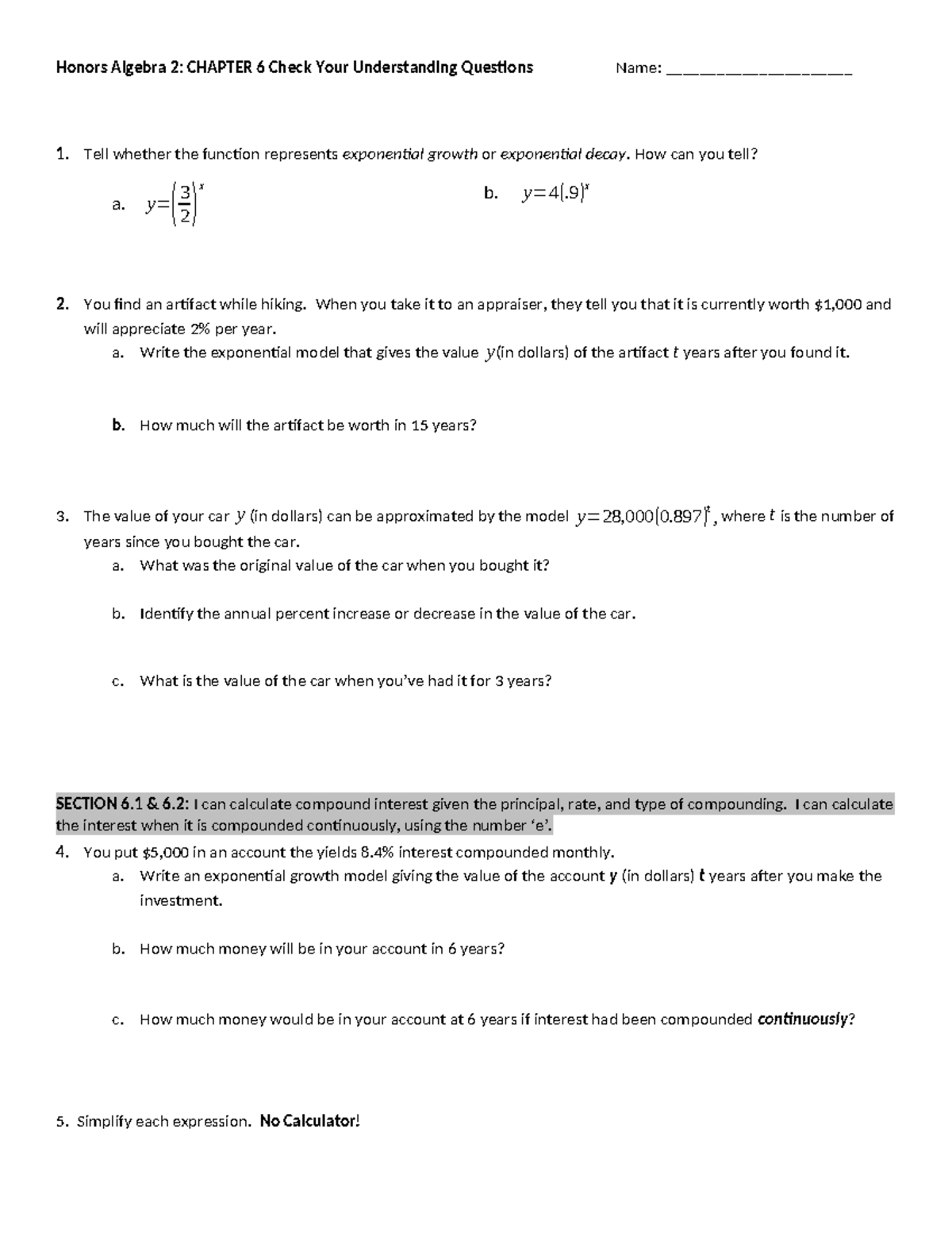 Honors Algebra 2: Unit 6 Review - Check Your Understanding Questions ...