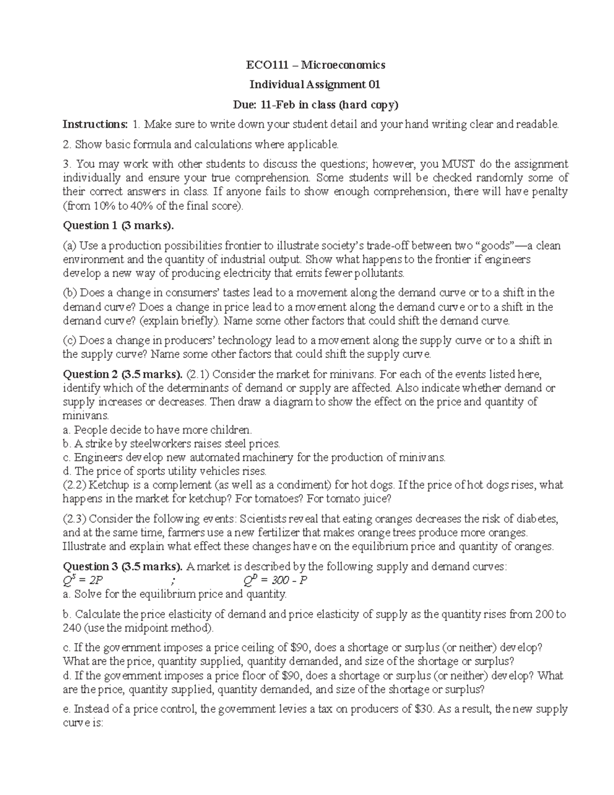ECO111 Individual Assignment 01: Microeconomics Concepts & Applications ...