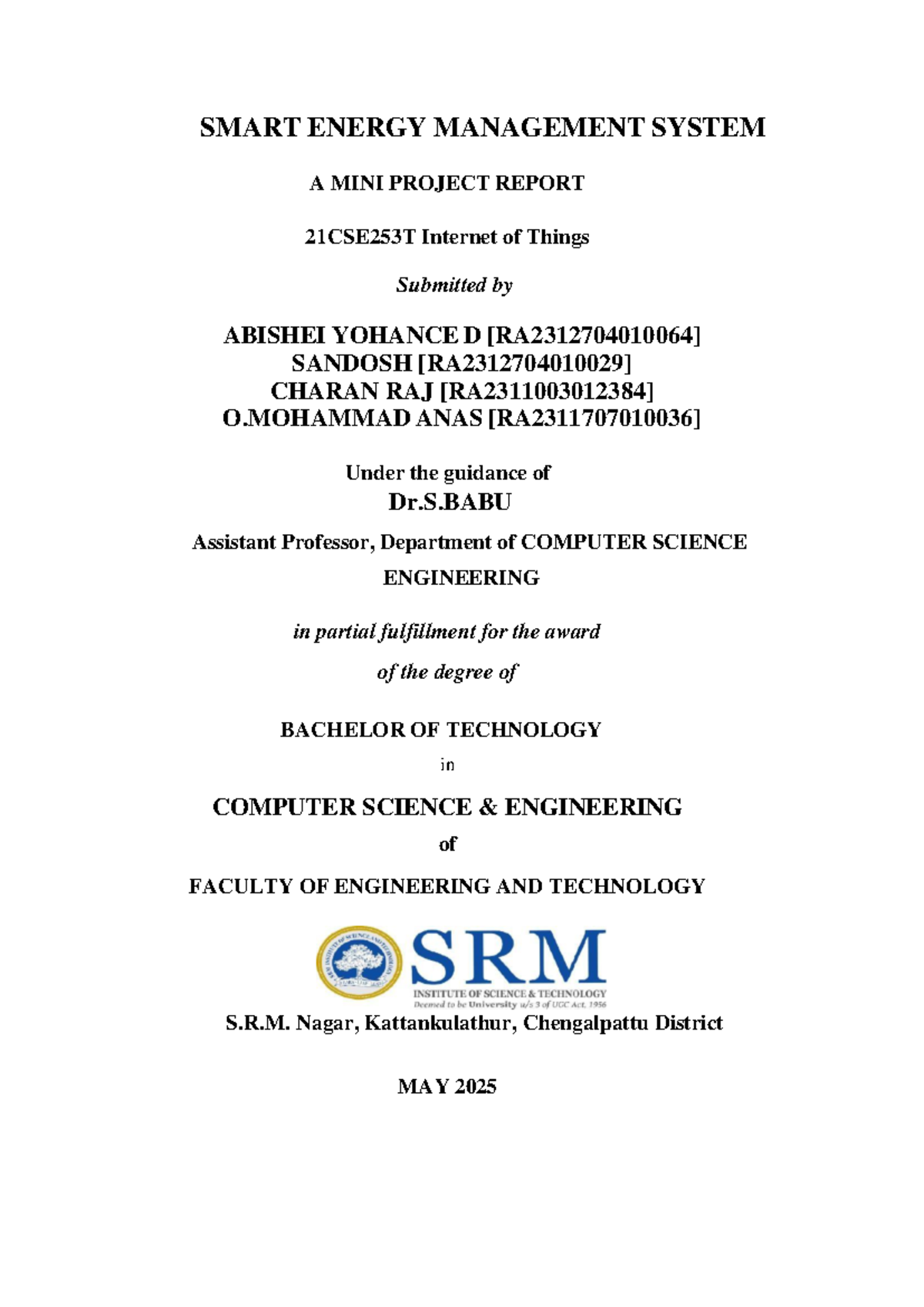 SMART ENERGY MANAGEMENT SYSTEM: MINI PROJECT REPORT 21CSE253T - Studocu