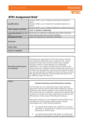Unit 4 Aim A & B Brief - BTEC Assignment Brief Qualification Pearson BTEC Level 3 National ...
