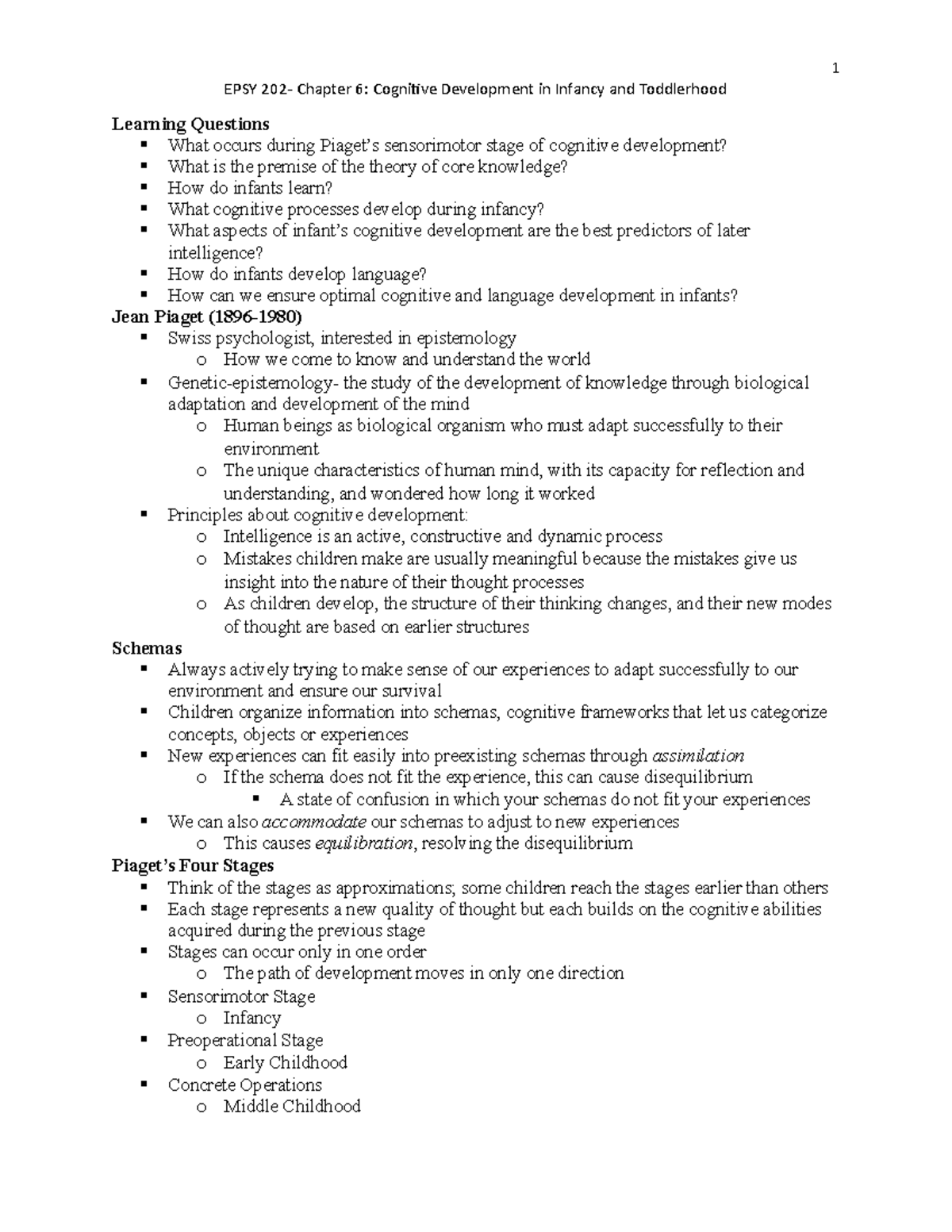 EPSY 202 Chapter 6 Notes - EPSY 202- Chapter 6: Cognitive Development ...