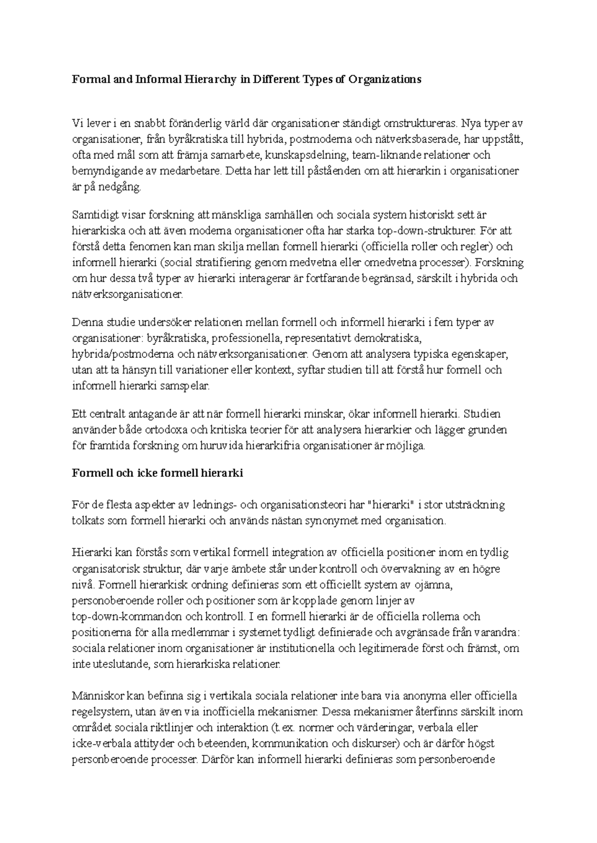 IMON 2: Formell och Informell Hierarki i Olika Organisationstyper - Studocu