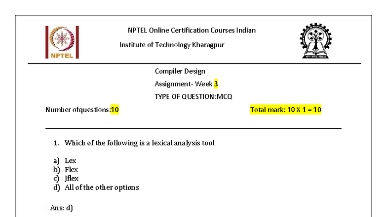 Assignment 3: MCQ for Compiler Design (CS101) - Studocu