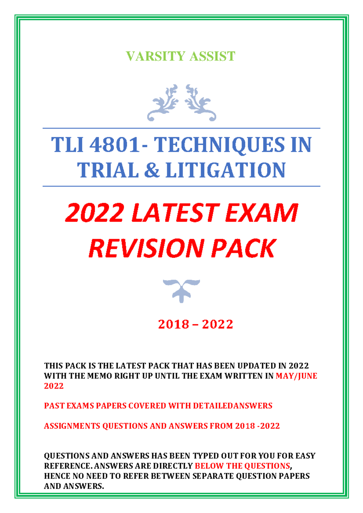 VARSITY ASSIST TLI4801 TRIAL LITIGATION 2022 EXAM REVISION PACK - Studocu