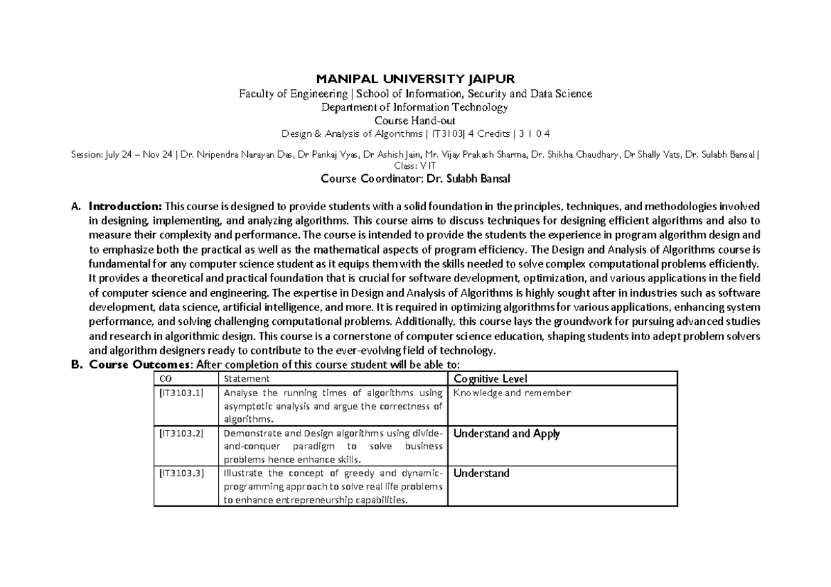 DAA-course handout - MANIPAL UNIVERSITY JAIPUR Faculty of Engineering ...