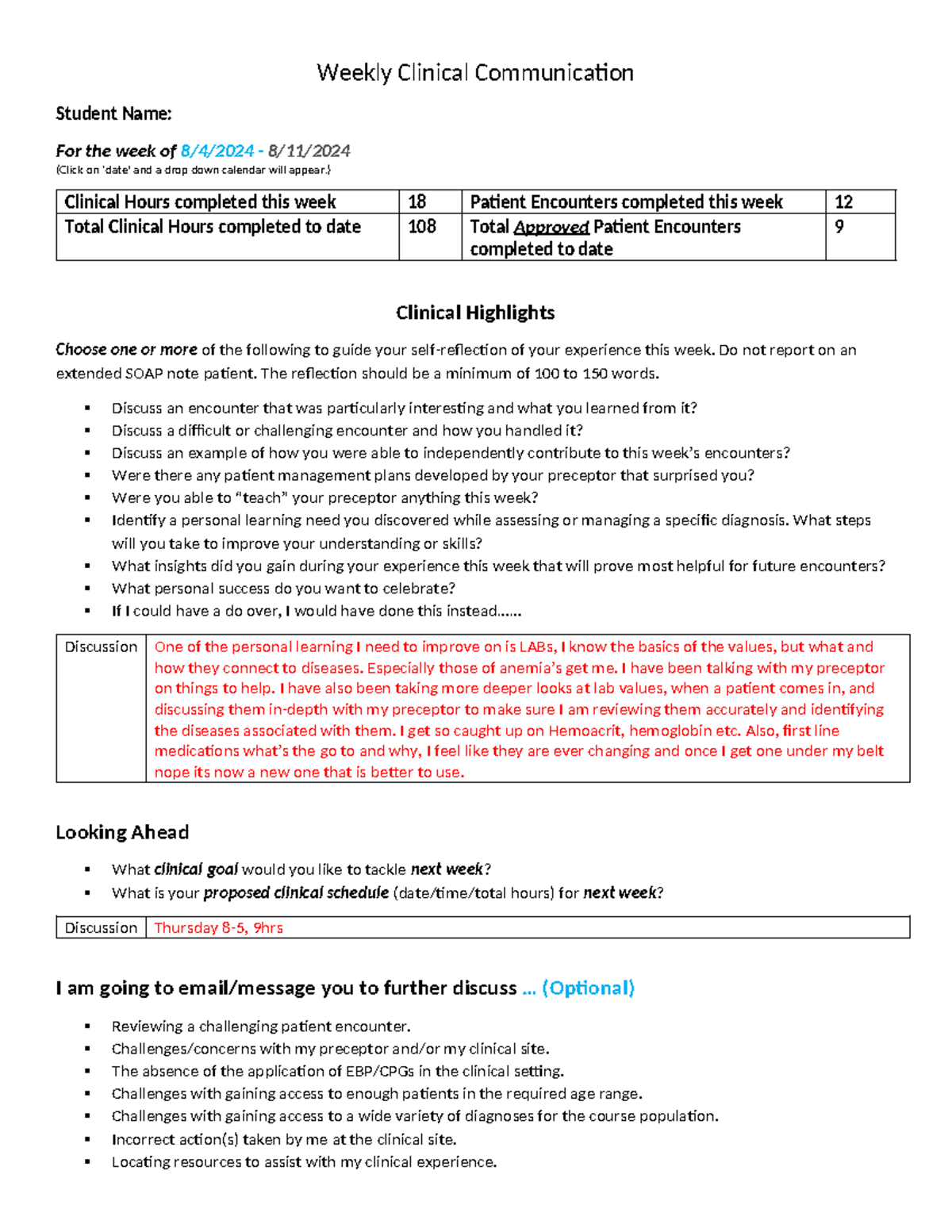 Weekly Clinical Doc - Weekly Clinical Communication Student Name: For ...