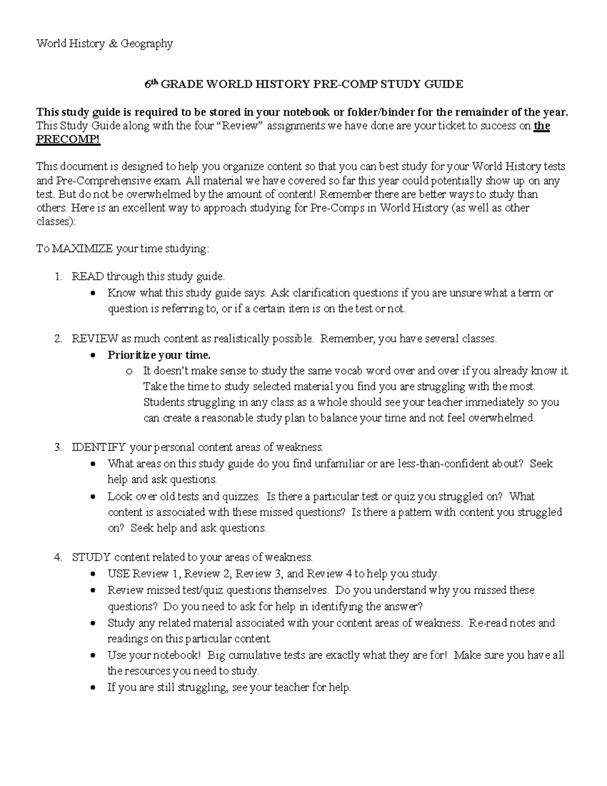 History 6 Pre-Comp Study Guide for World History & Geography - Studocu