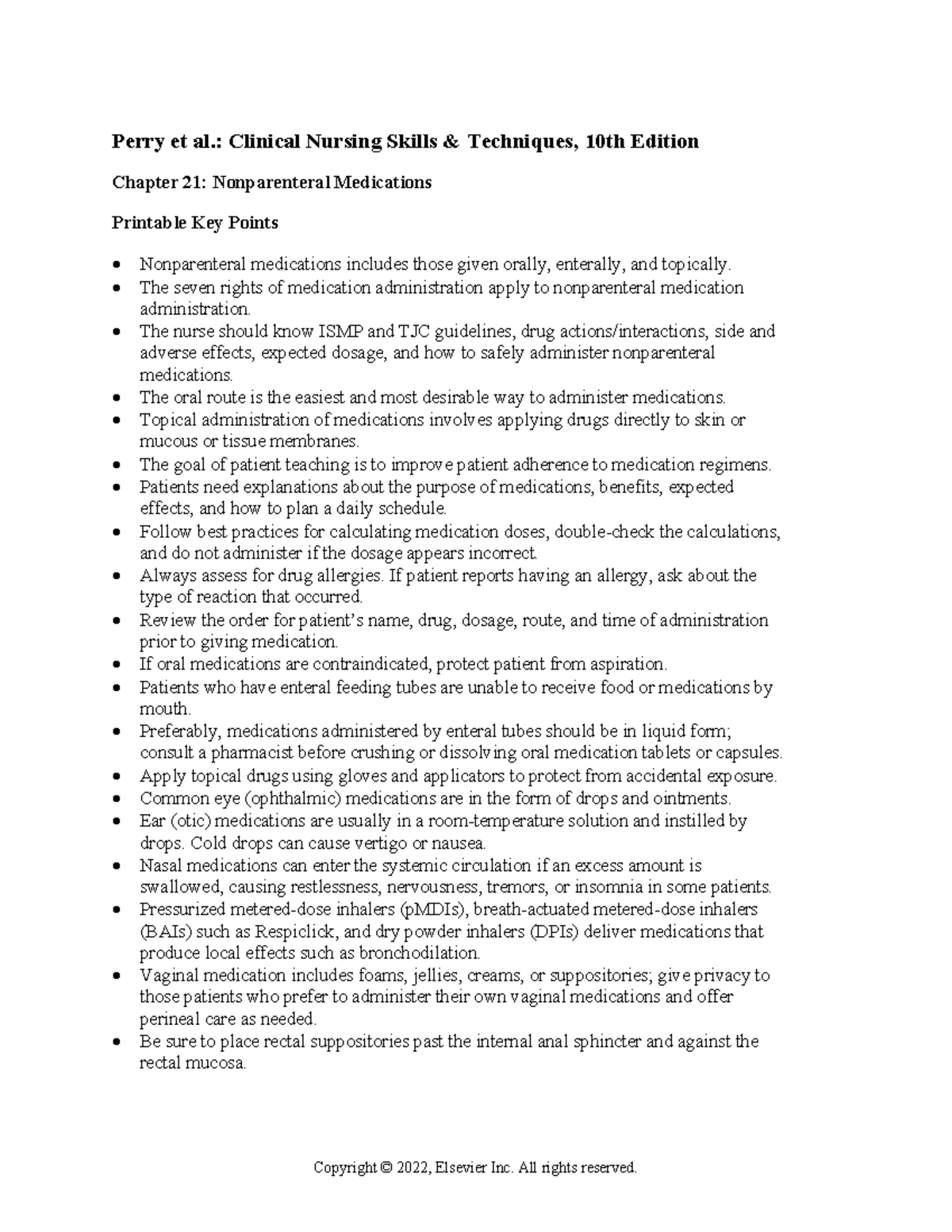 Key Points for Chapter 21: Nonparenteral Medications (Clinical Nursing ...