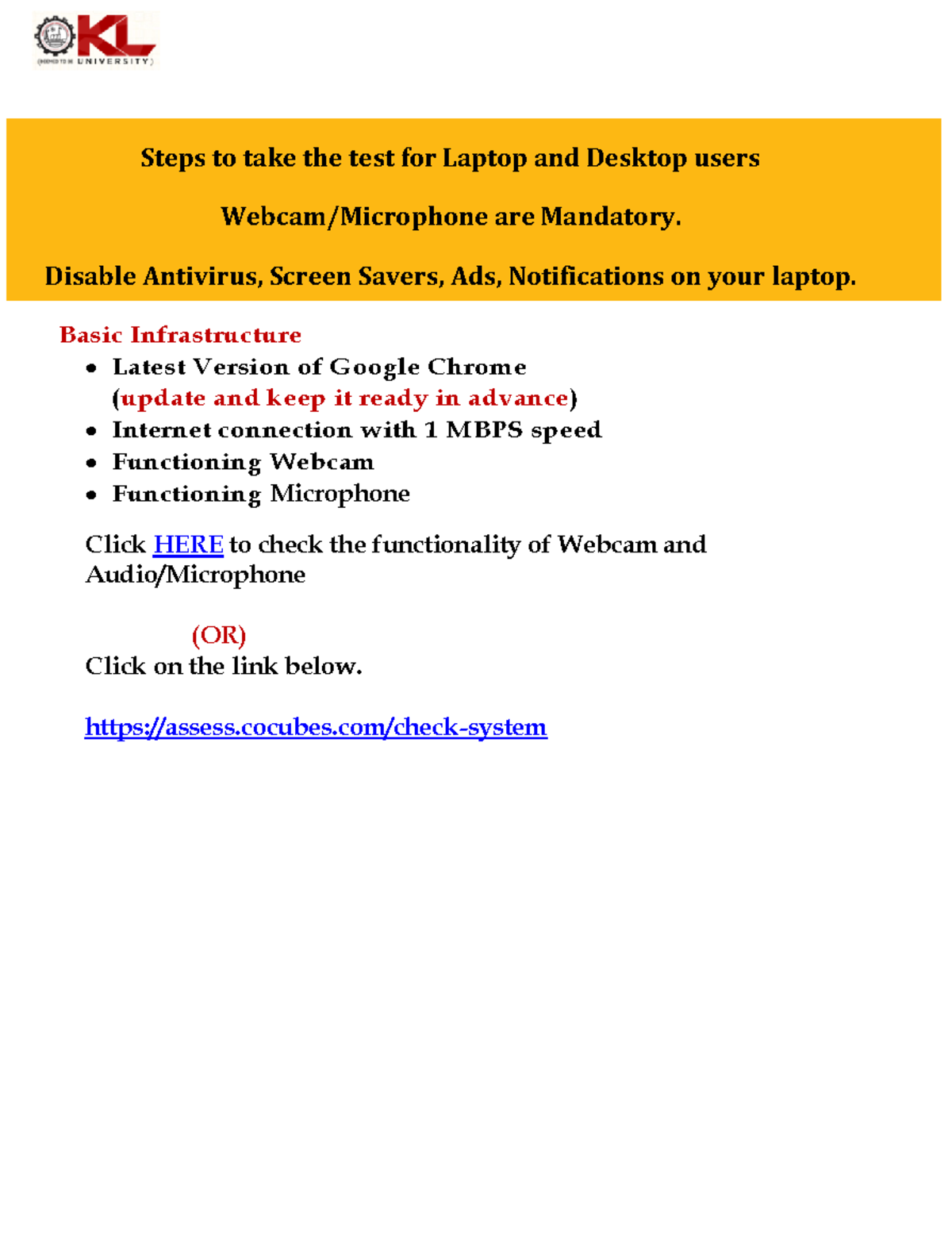 KLU Exam Instructions - Kl university - Basic Infrastructure Latest ...