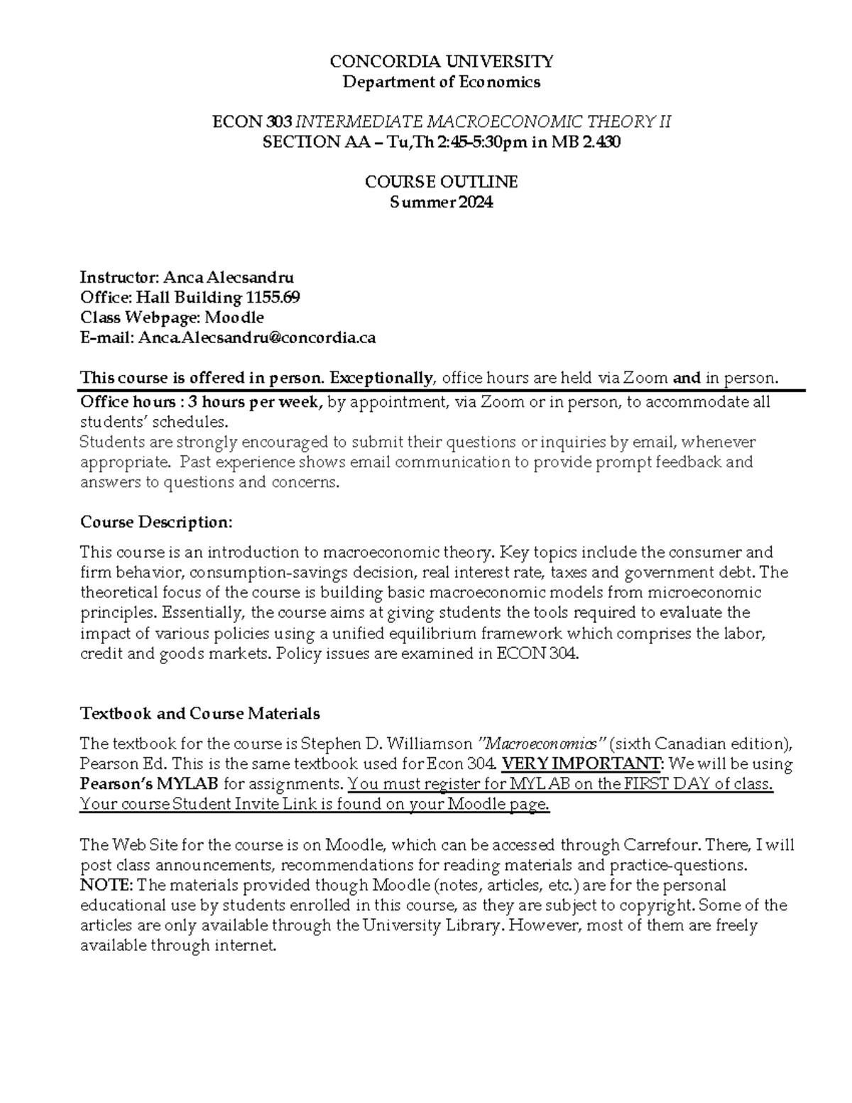 ECON 303 Course Outline - CONCORDIA UNIVERSITY Department of Economics ...