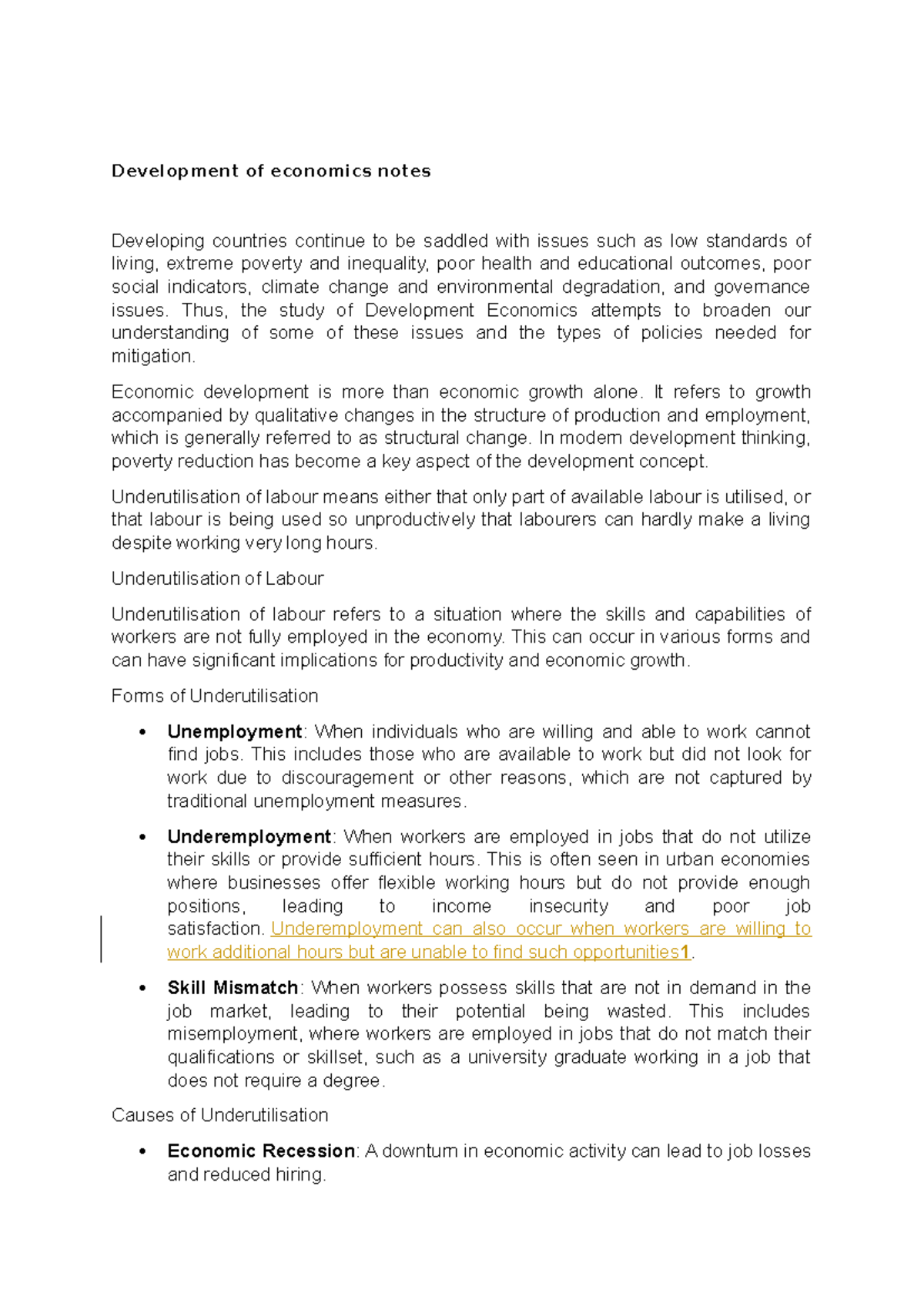 Development Economics Notes: Understanding Underutilisation of Labour ...