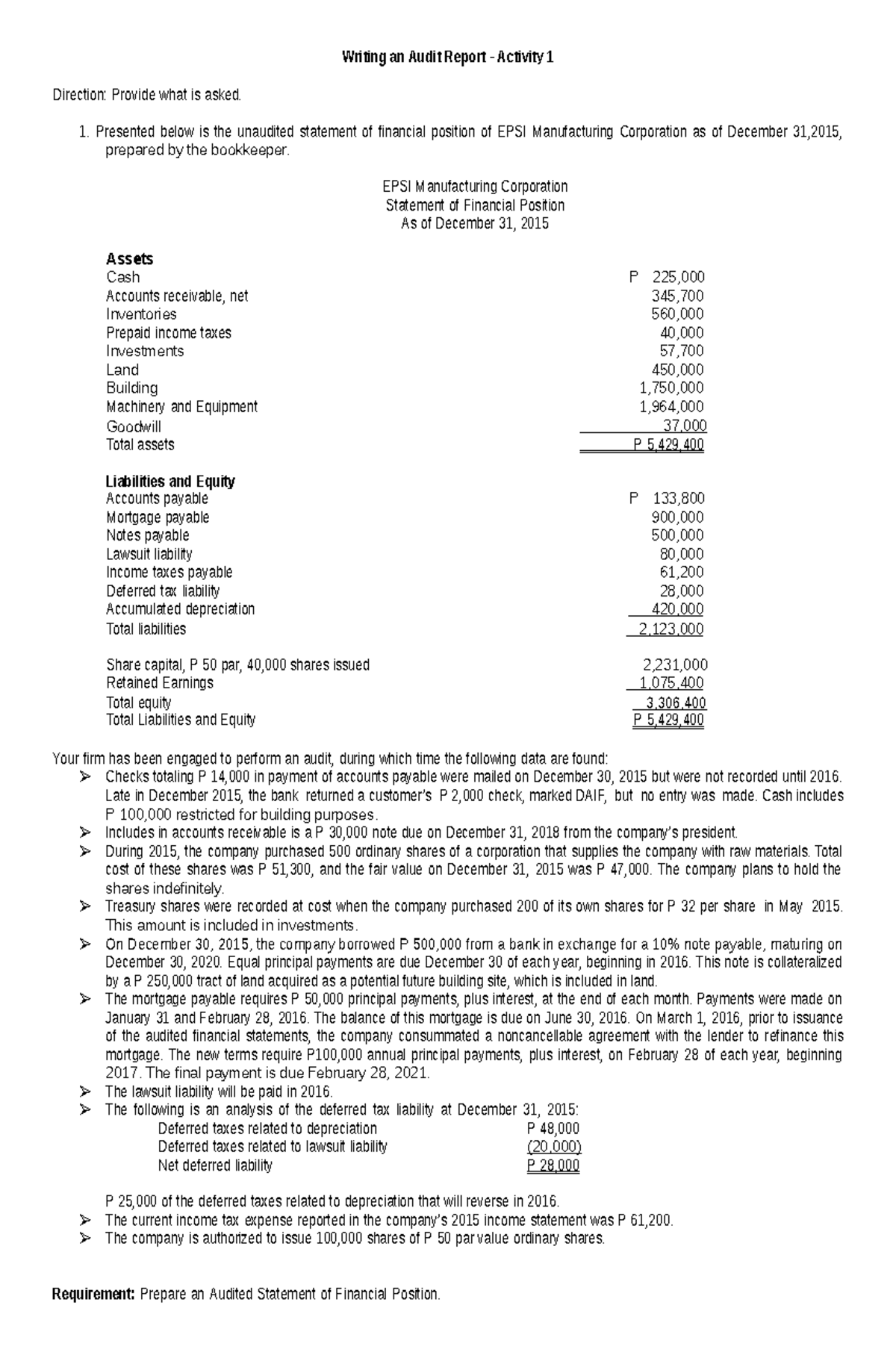 Audited Financial Position of EPSI Corp - Activity 1 Analysis - Studocu