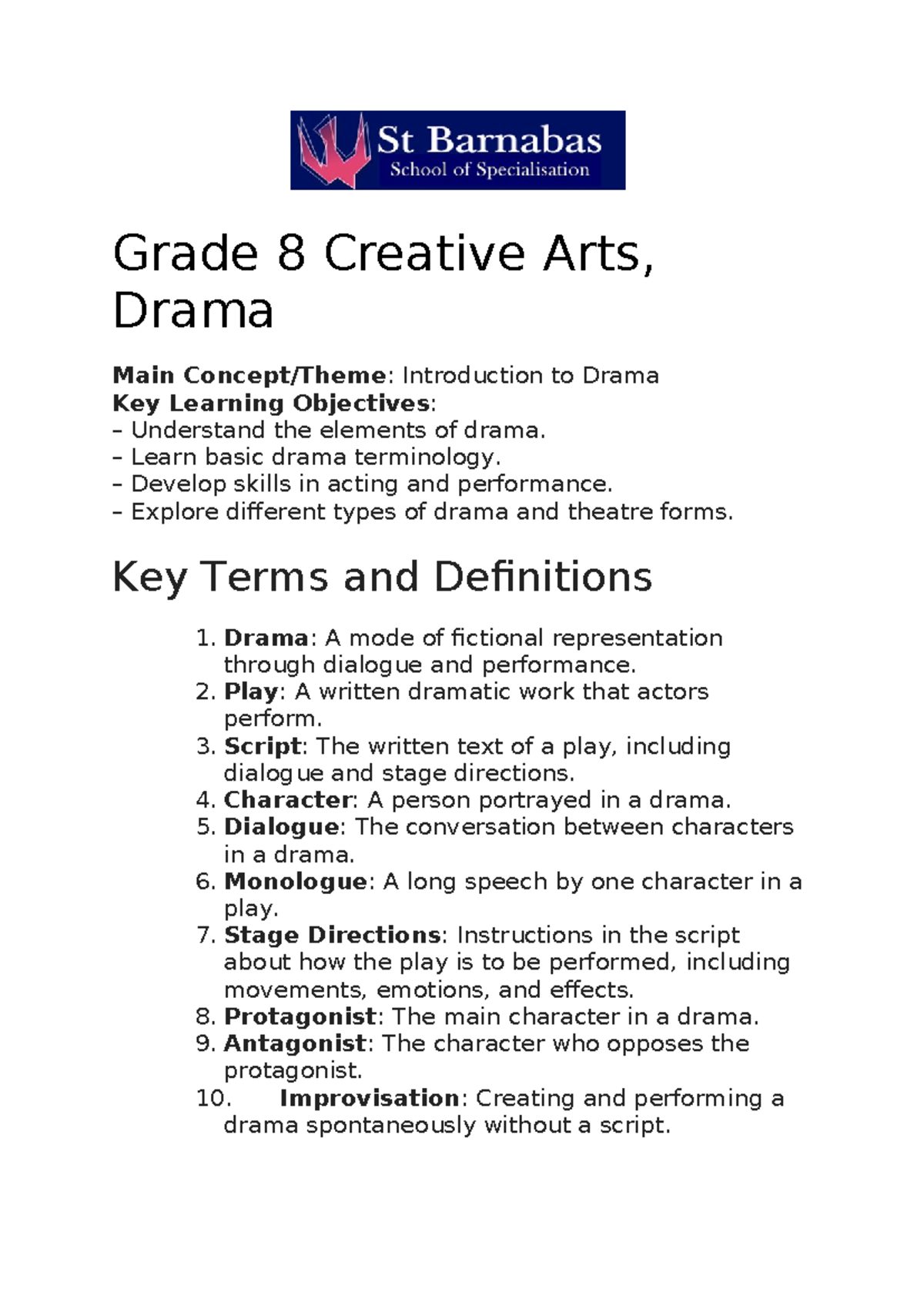 Grade 8 Creative Arts - Drama Overview and Key Concepts - Studocu