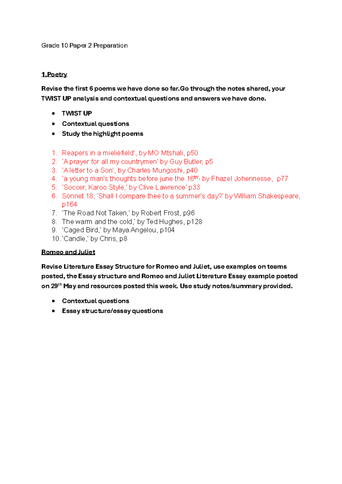 Grade 10 Paper 2 Preparation: Poetry & Romeo and Juliet - Studocu