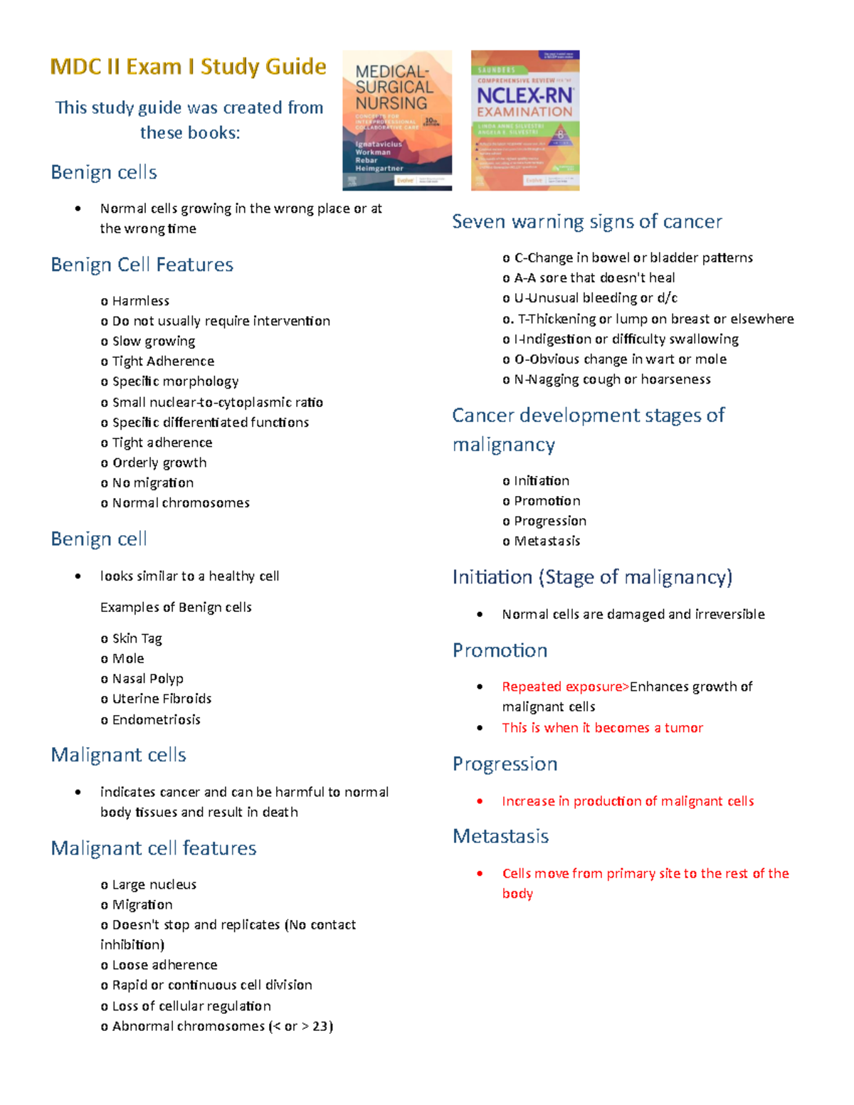 MDC 2 Exam 1 Study Guide: Key Concepts on Benign & Malignant Cells ...