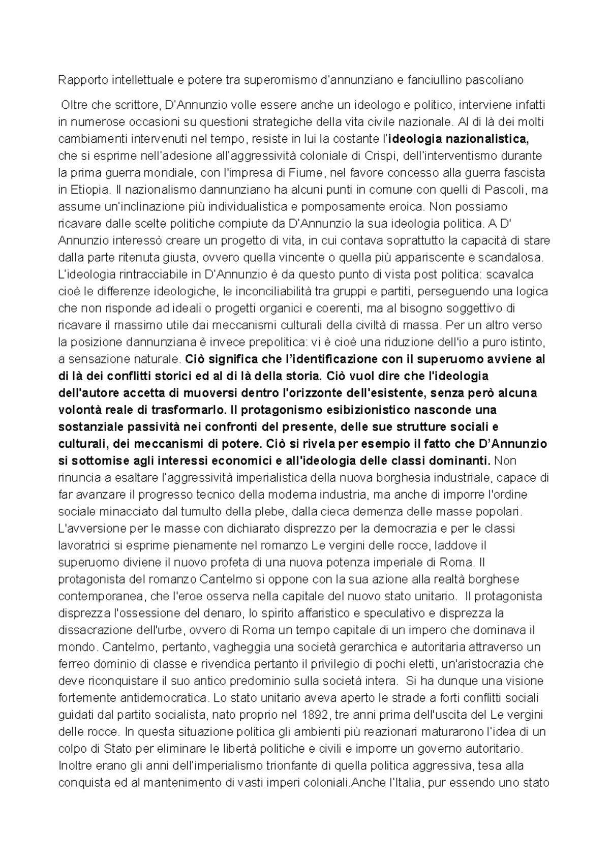 D’Annunzio e il Potere: Analisi del Nazionalismo e Superomismo - Studocu