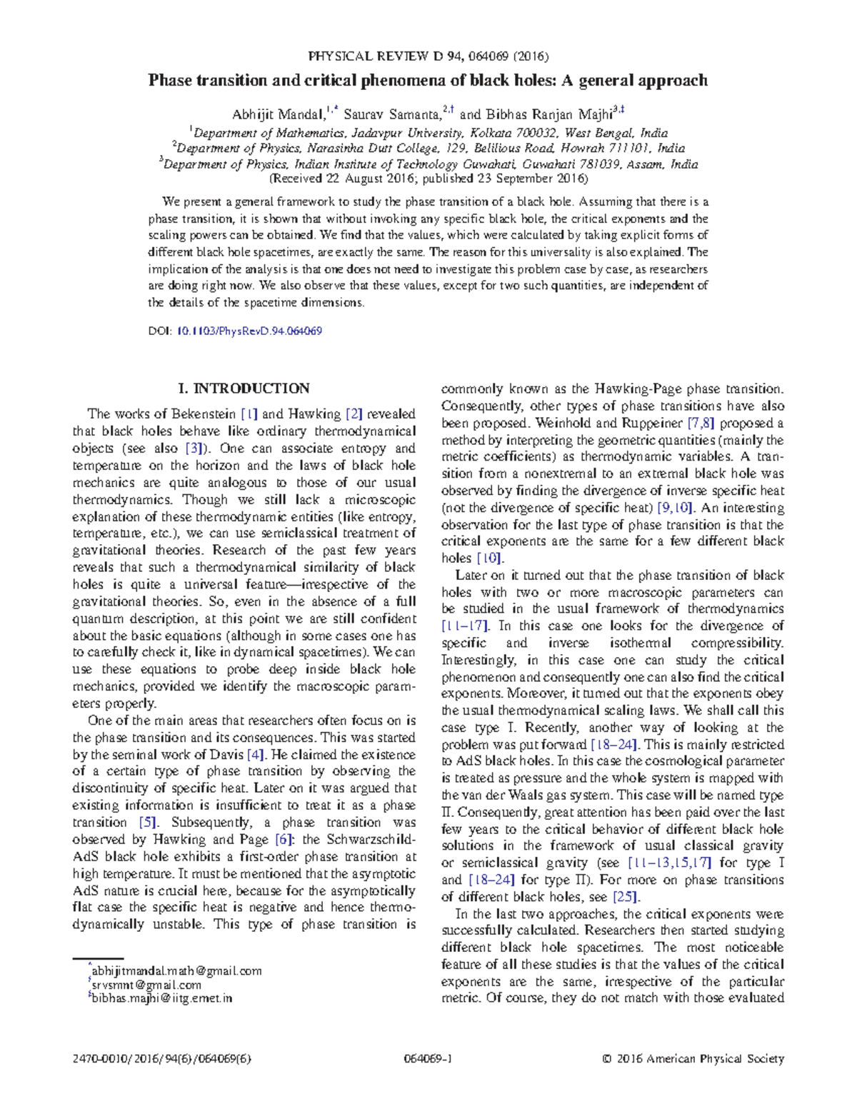 PHYSICAL REVIEW D 94, 064069 (2016) Phase Transition & Critical ...