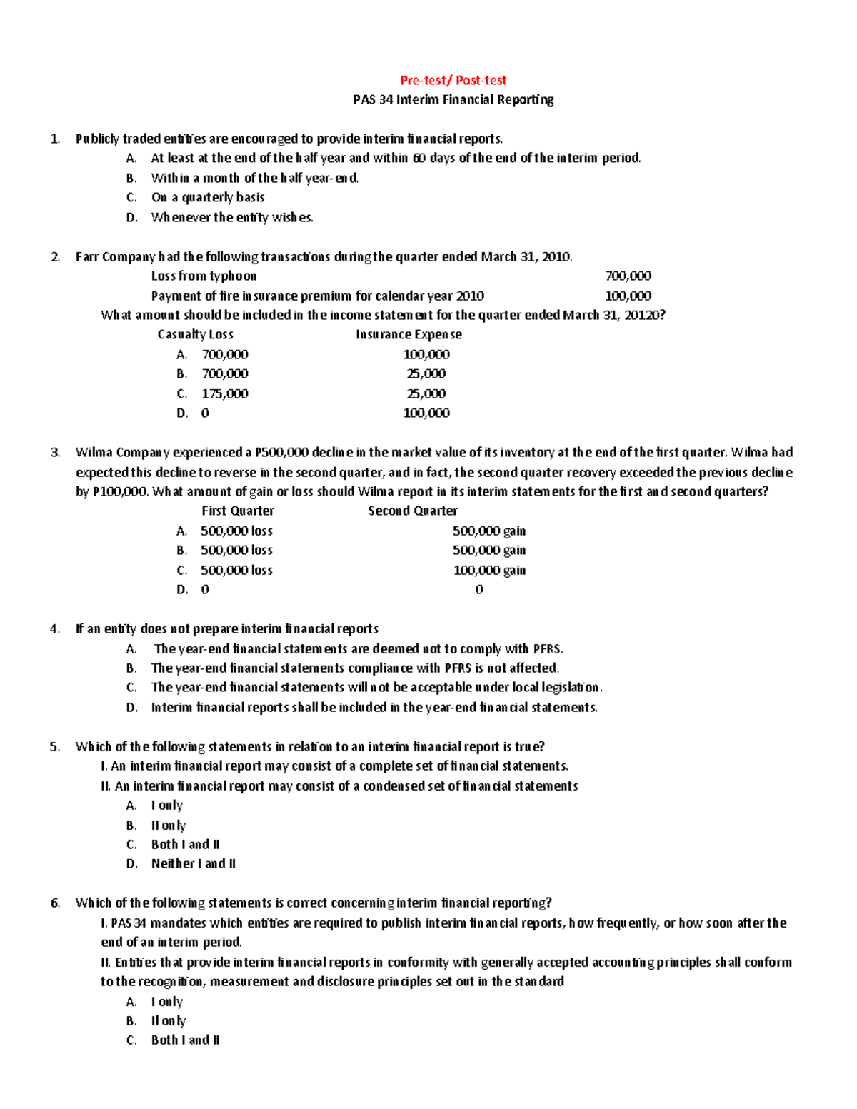 PAS 34, 36, & 37 Interim Financial Reporting Tests - Studocu