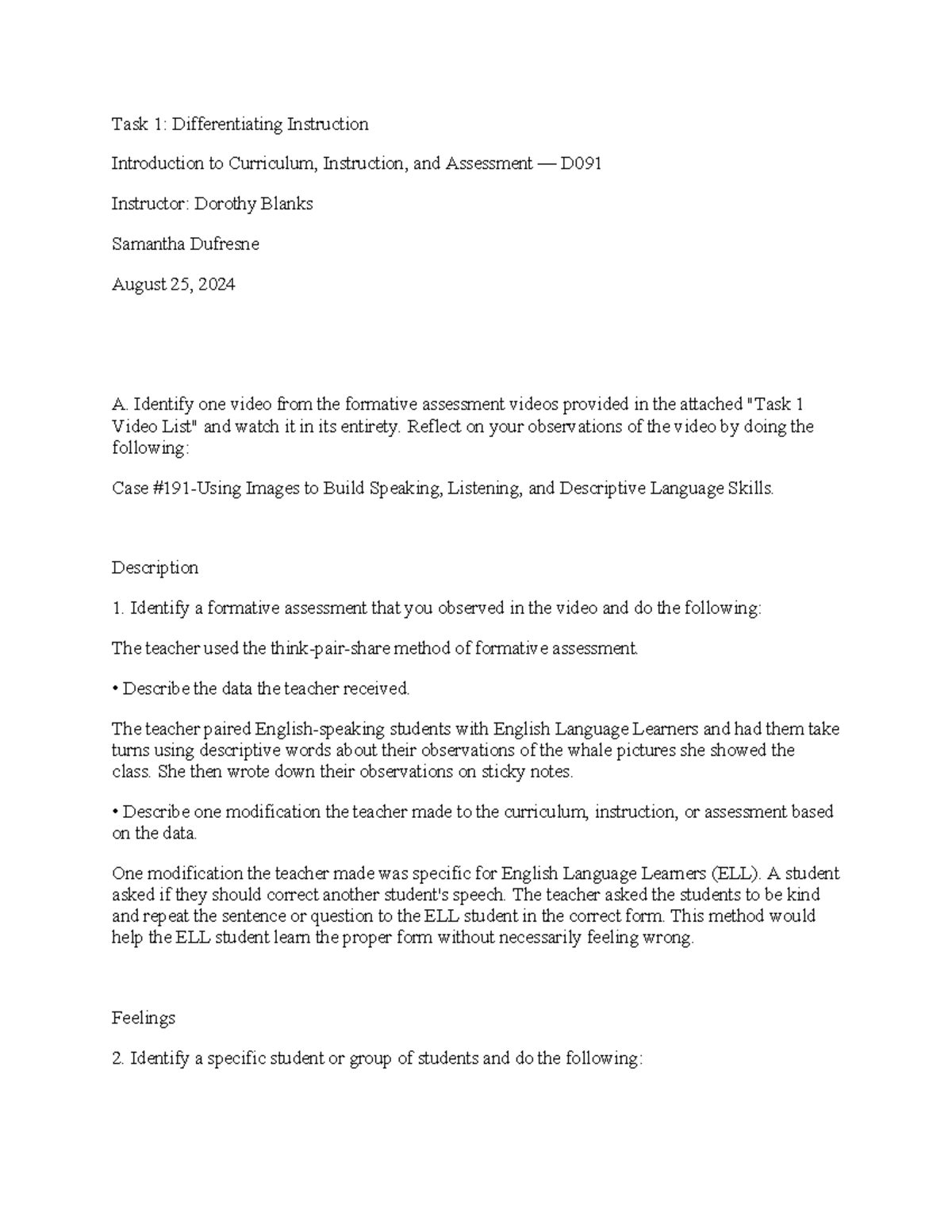 D091 Task 1 SDufresne - Task 1: Differentiating Instruction - Task 1: Differentiating ...