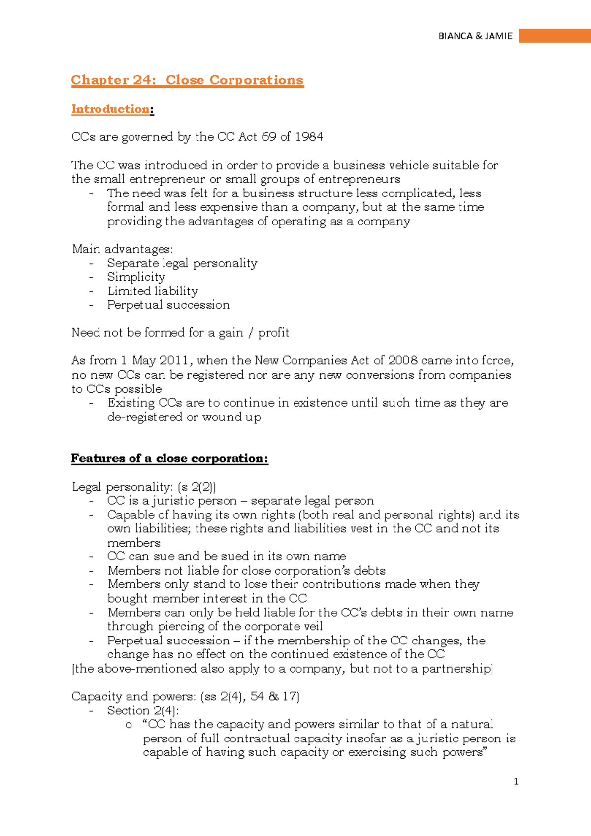 ODR Close Corporations Notes - Chapter 24: Close Corporations ...