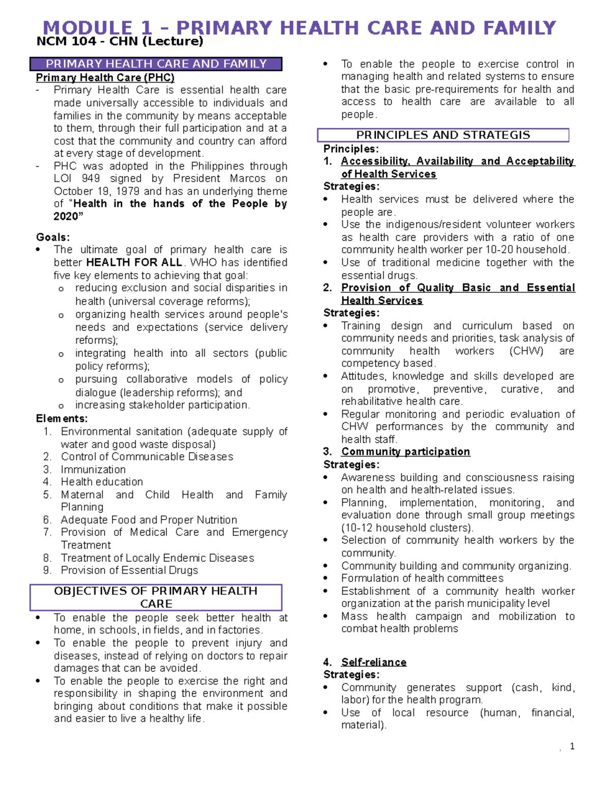 NCM 104 - CHN - Module 1 Midterm Study Notes on Primary Health Care ...