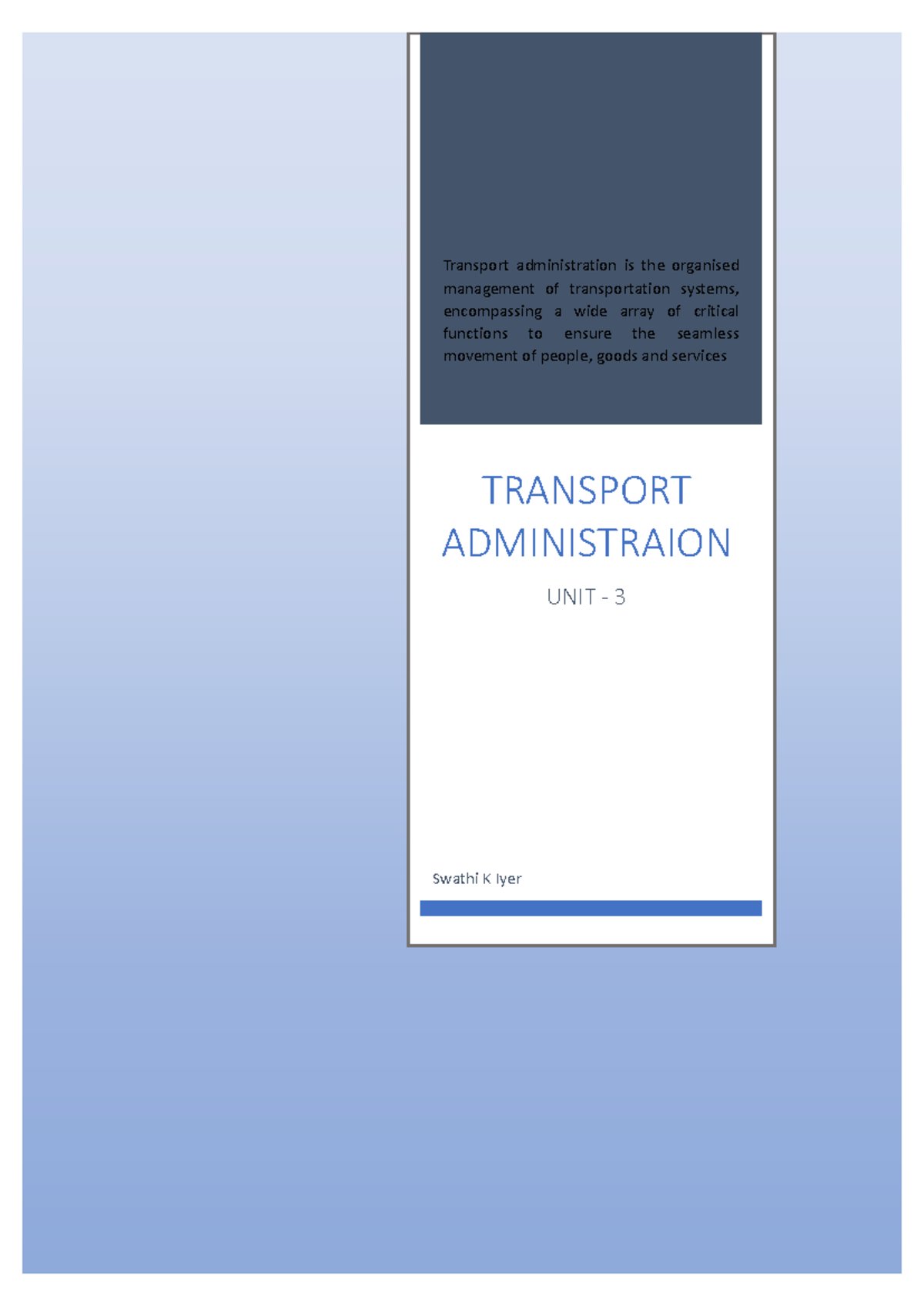 FTM Transport Administration: Unit 3 Overview and Key Concepts - Studocu
