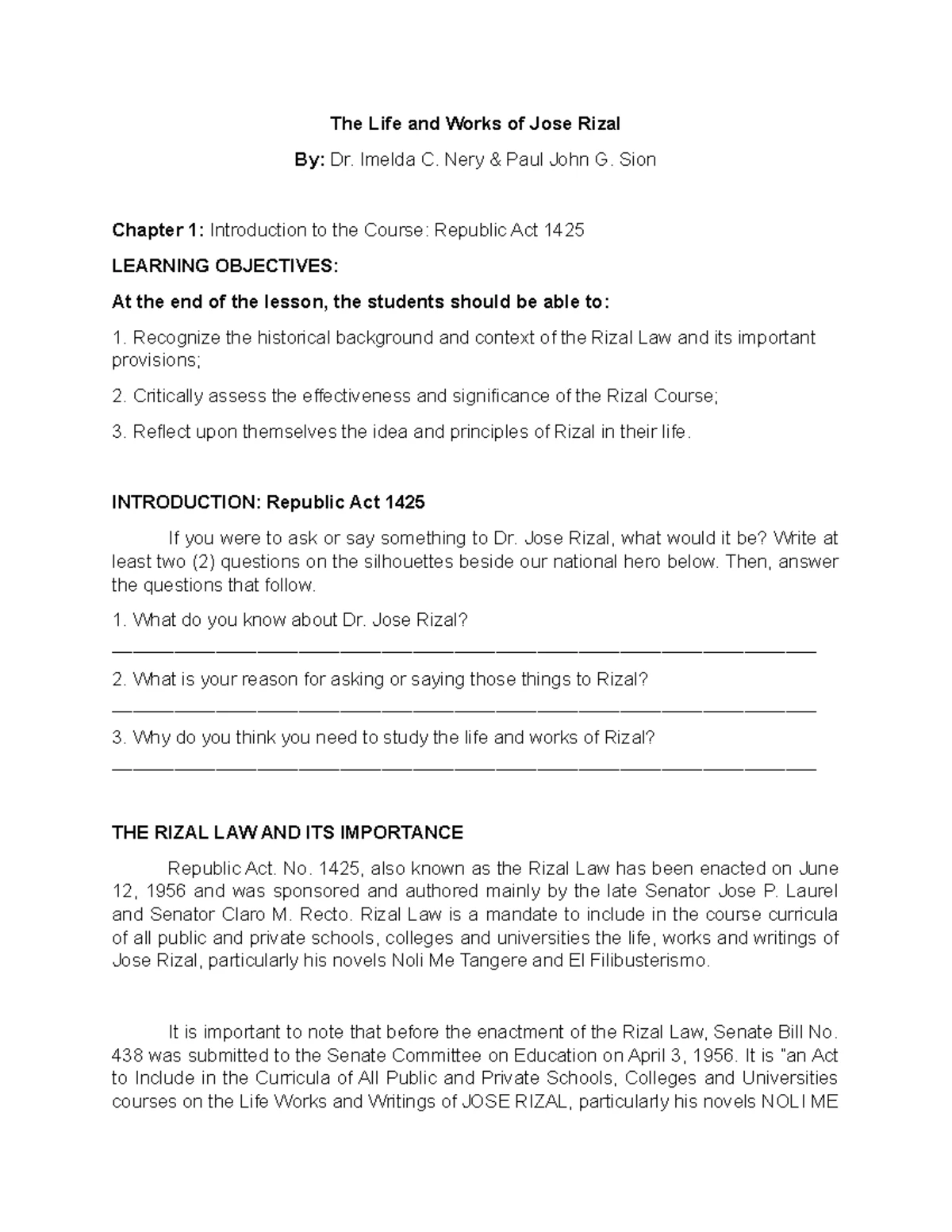 PPT Lessons 1 7 Rizal - Lesson 1: RIZAL LAW REPUBLIC ACT 1425. Authored ...