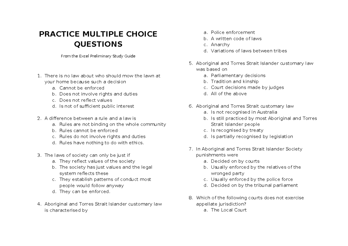 Practice Legal Multiple Choice Questions - PRACTICE MULTIPLE CHOICE ...