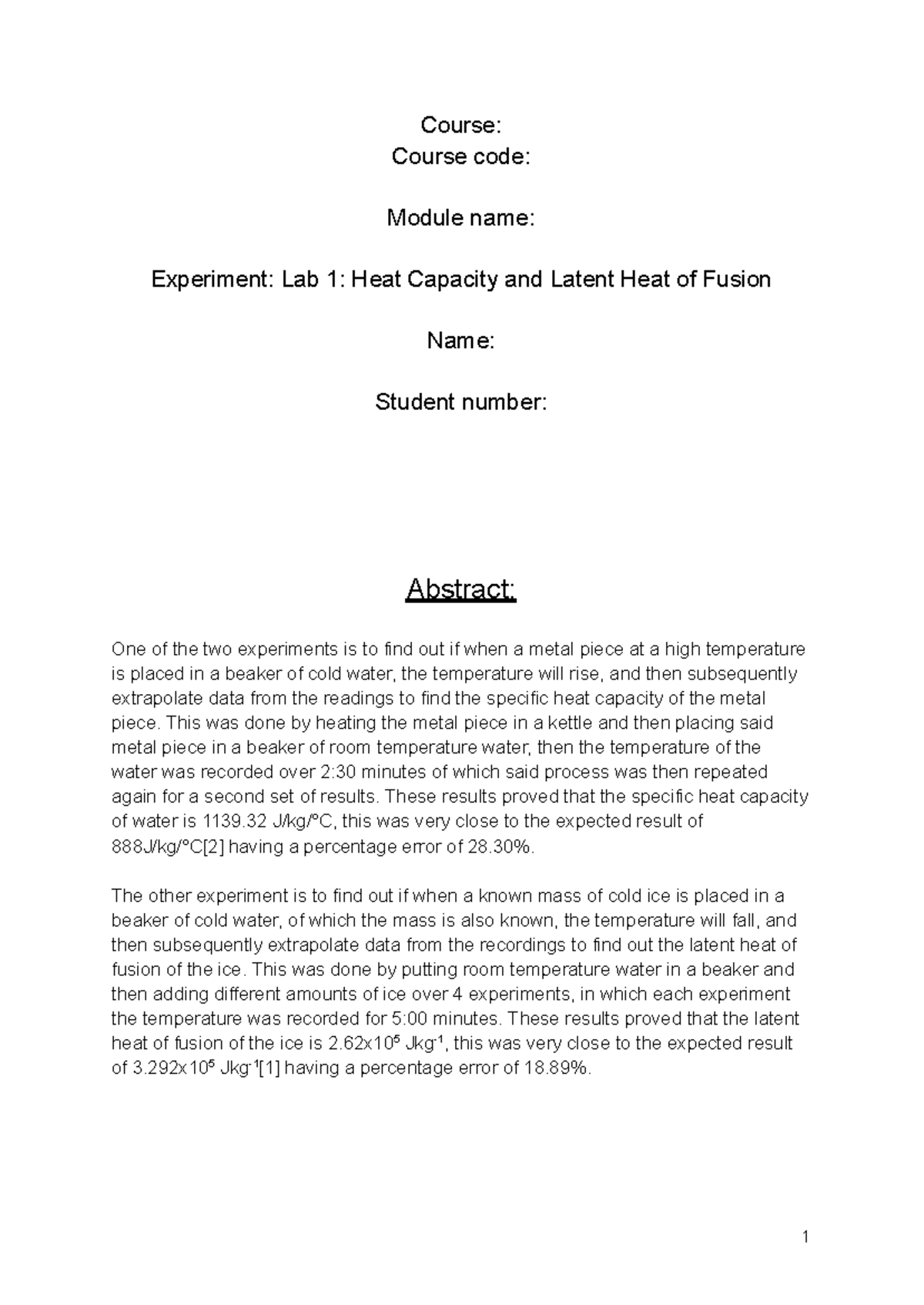 Physics FY003 Lab Report: Heat Capacity & Latent Heat of Fusion - Studocu